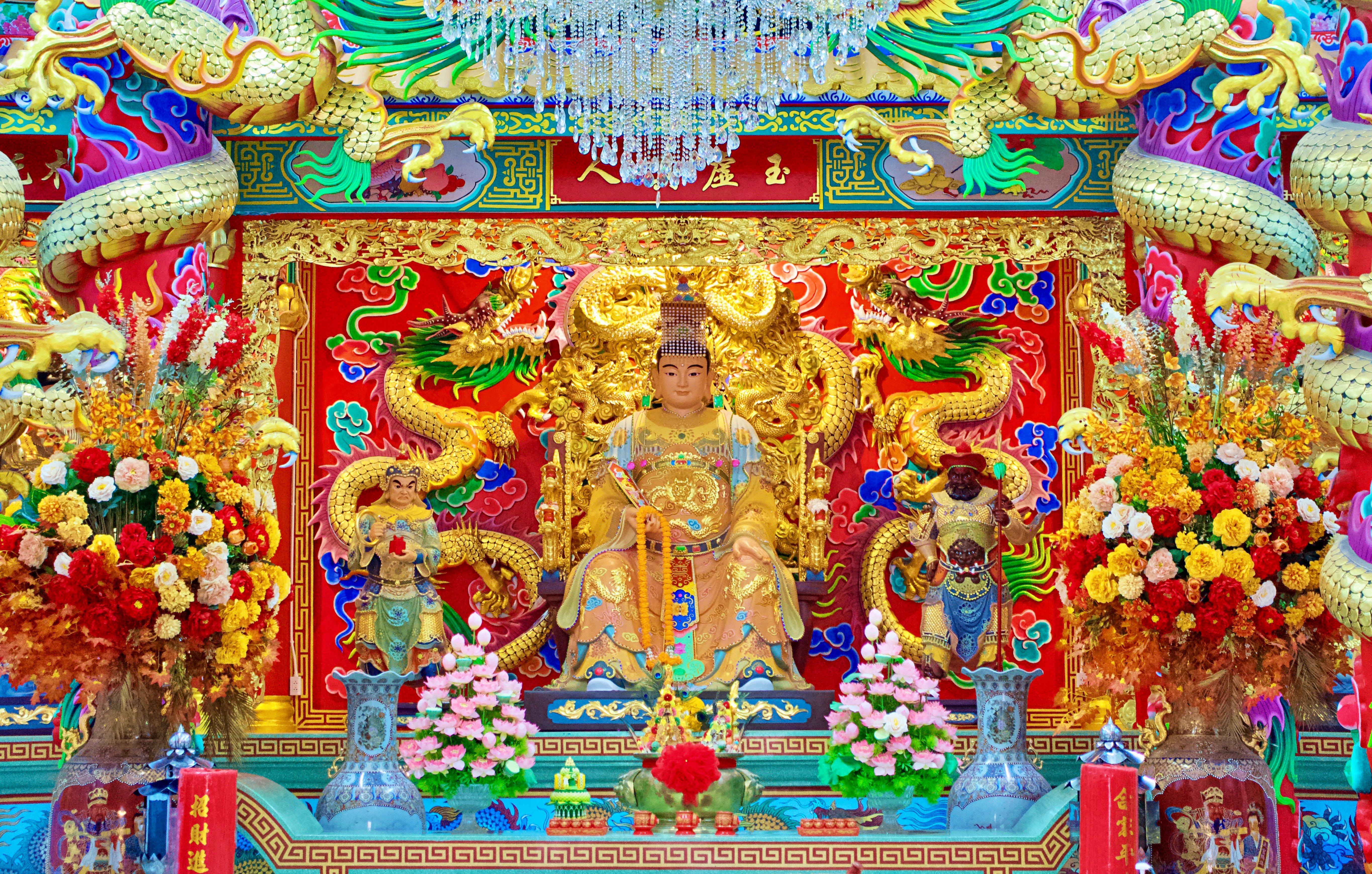 Colorful Buddhist Temple Altar with Golden Dragons · Free Stock Photo