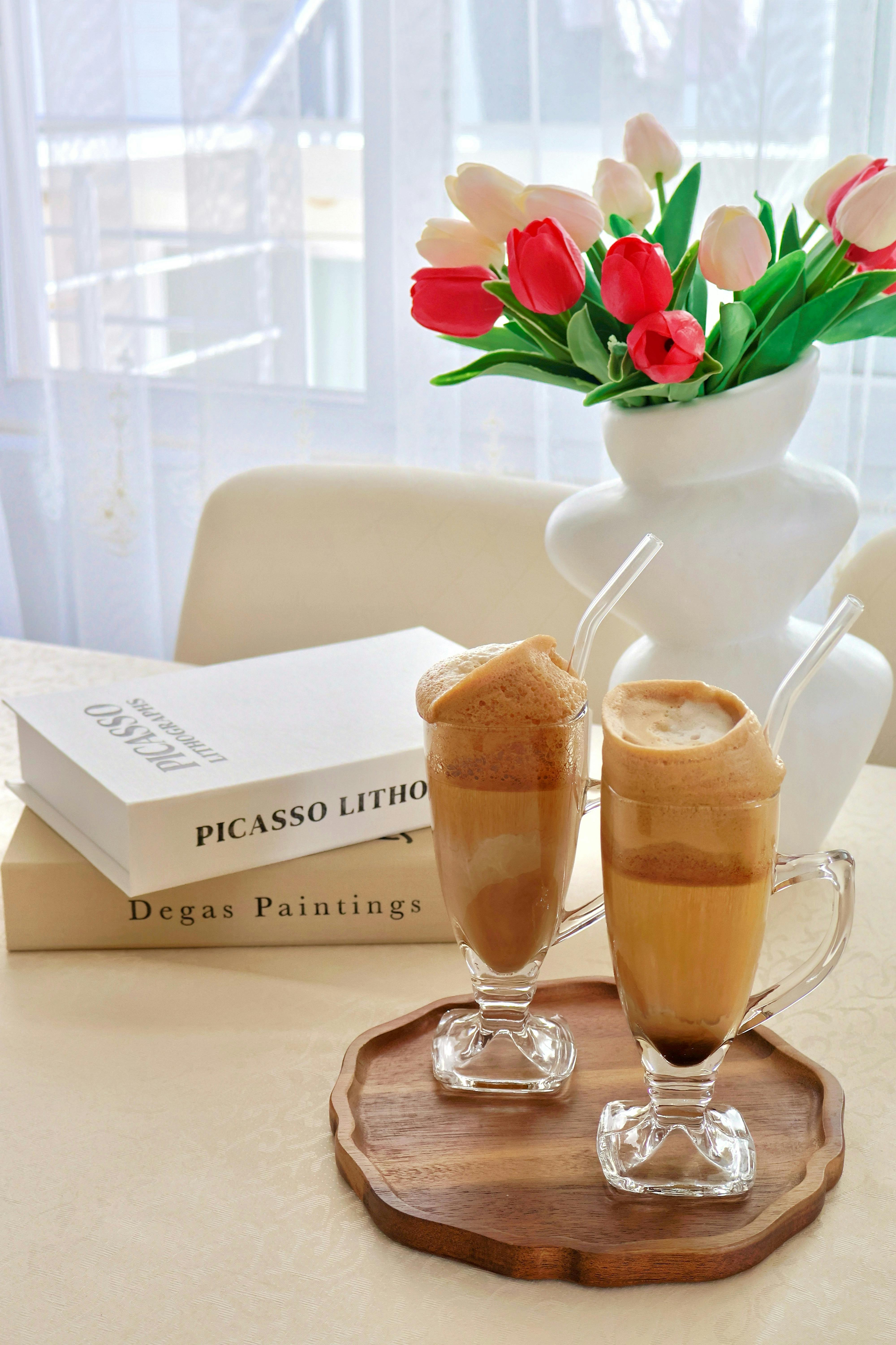 Stylish Minimalist Coffee Setup with Tulips · Free Stock Photo