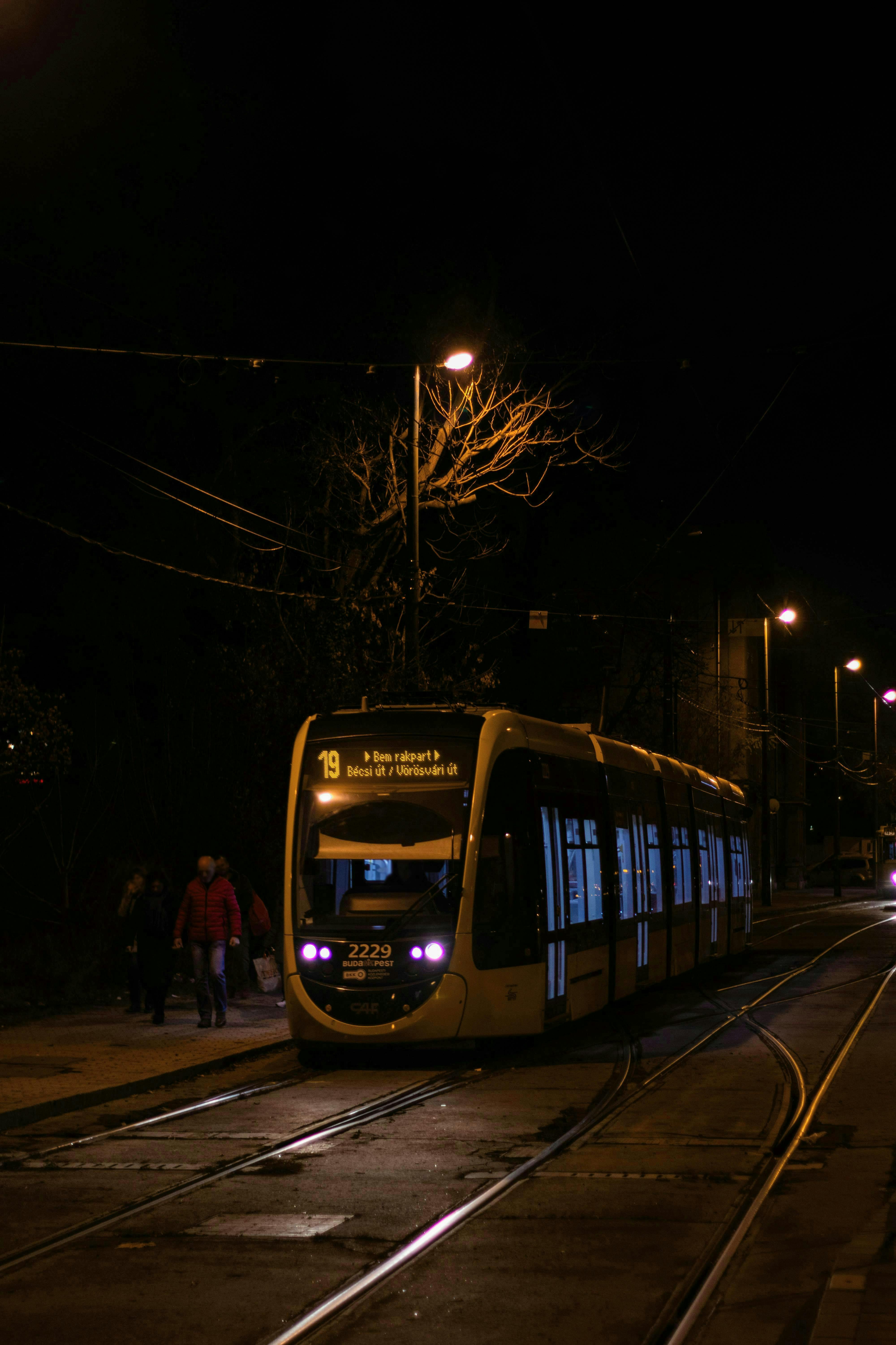 Nighttime Urban Tram Scene with Streetlights · Free Stock Photo
