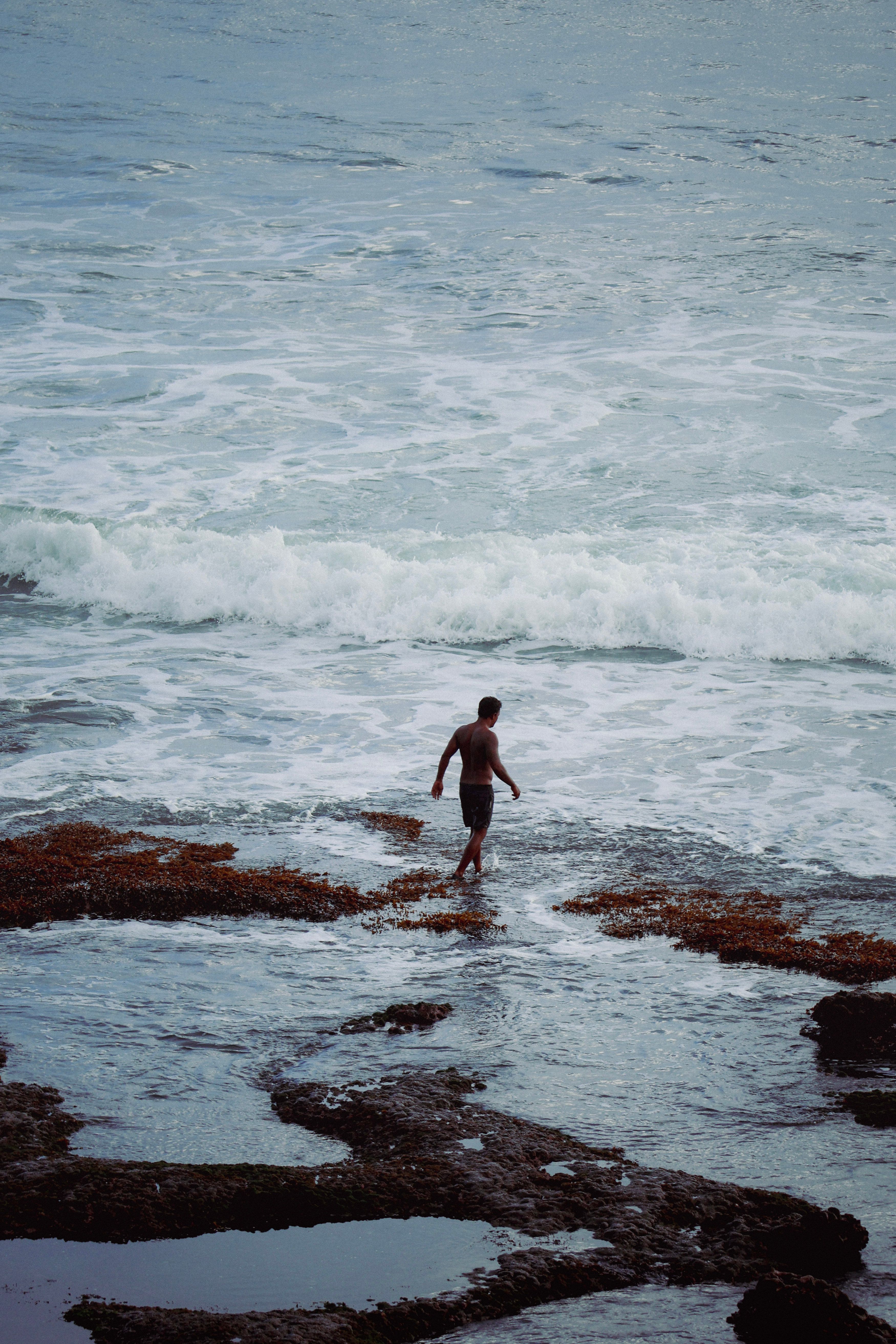 Man Walking on Rocky Bali Beach Shoreline · Free Stock Photo