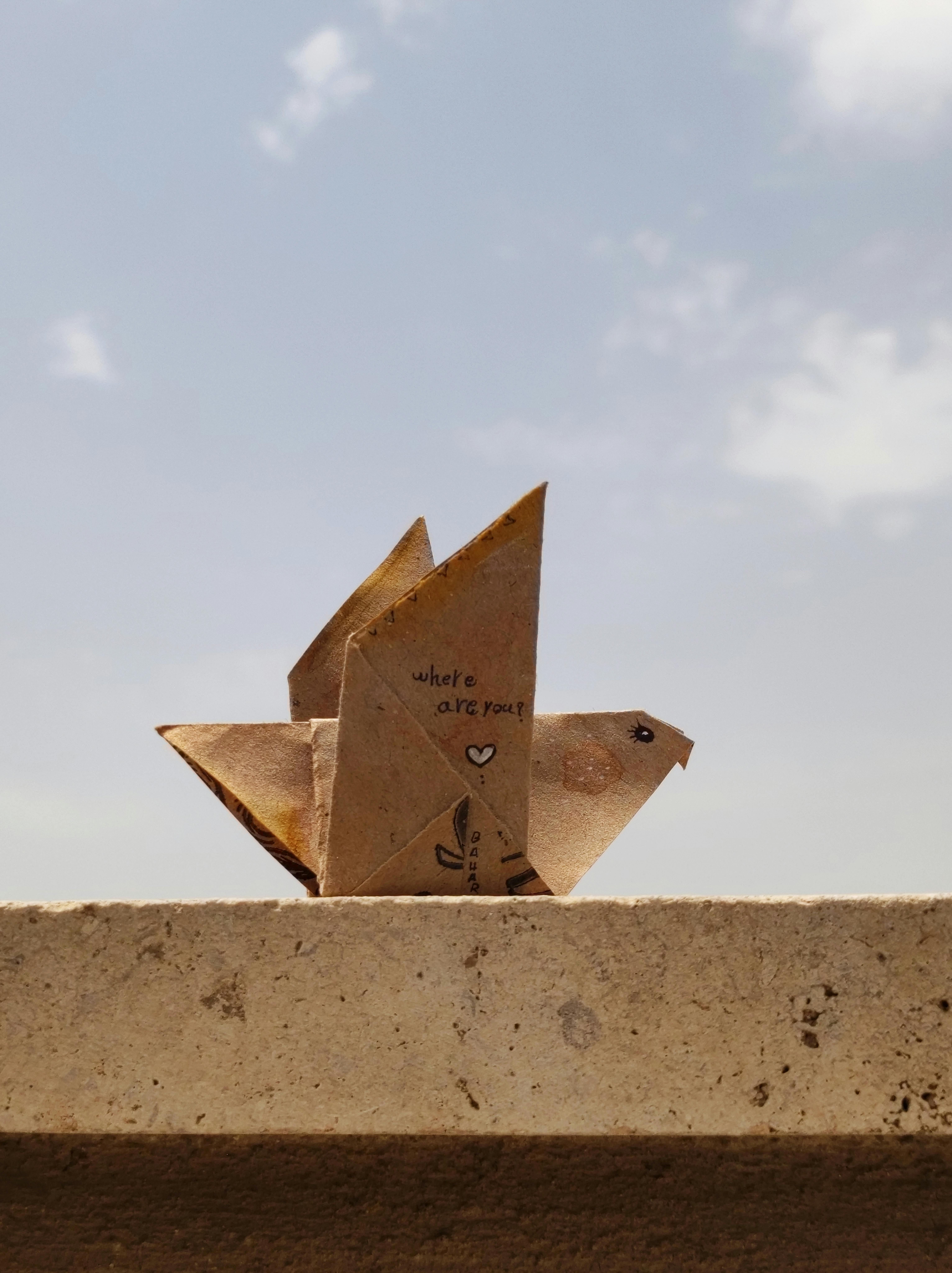 Creative Origami Bird on Concrete Ledge · Free Stock Photo