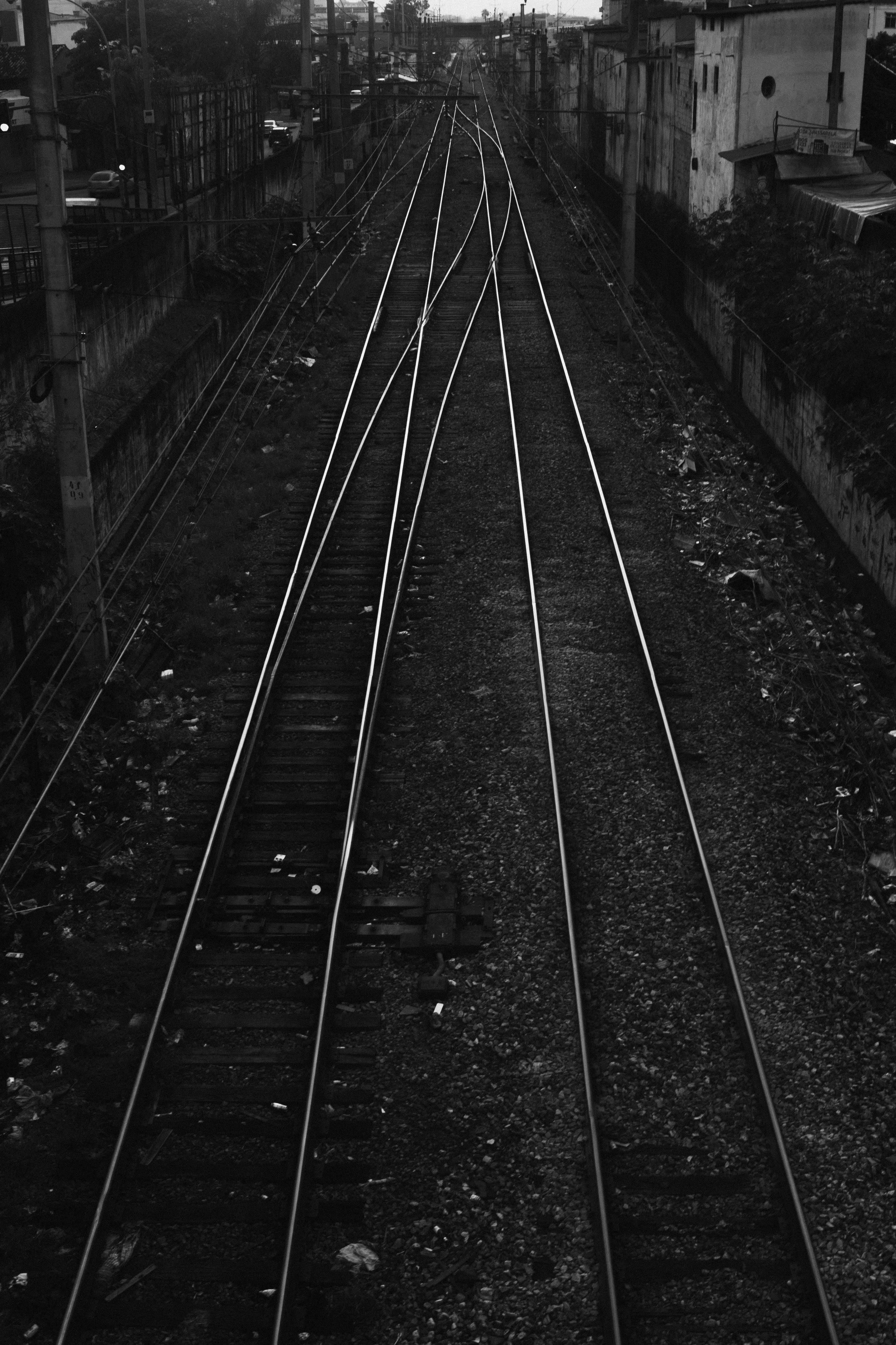 Monochrome Photo of Empty Railway Tracks · Free Stock Photo