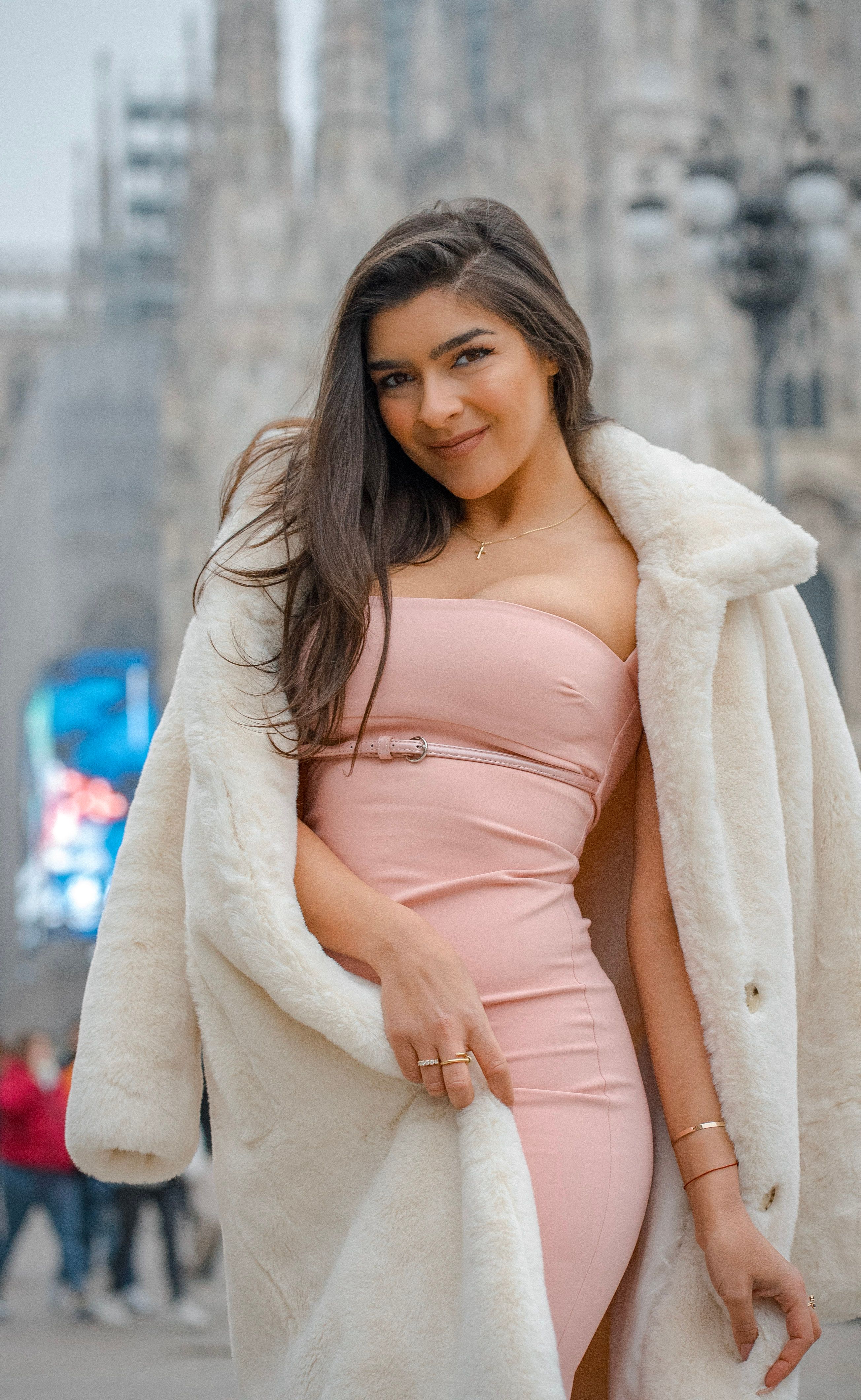 Elegant Woman in Pink Dress at Milan Cathedral · Free Stock Photo