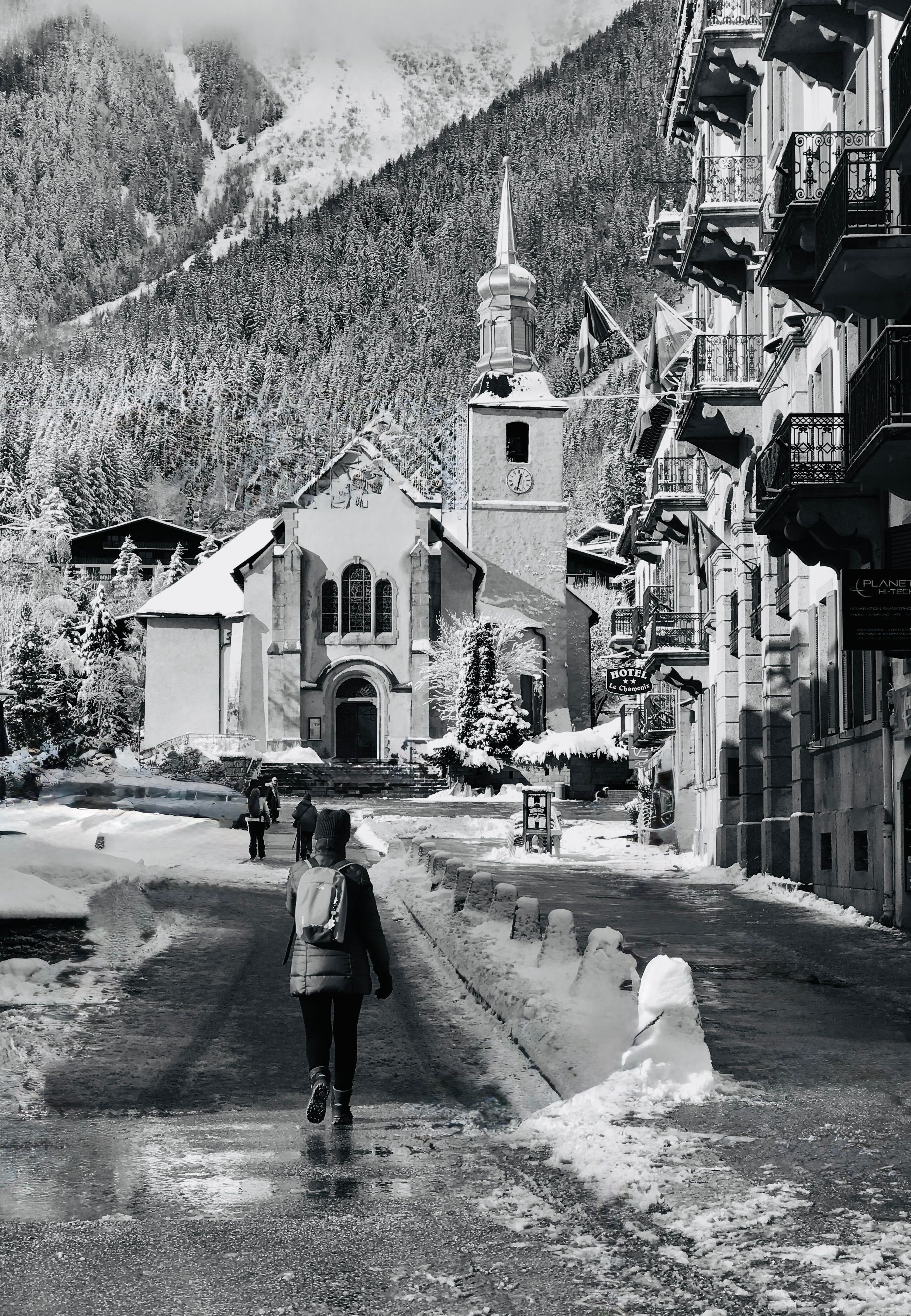 Winter Scene in Alpine Village with Church · Free Stock Photo
