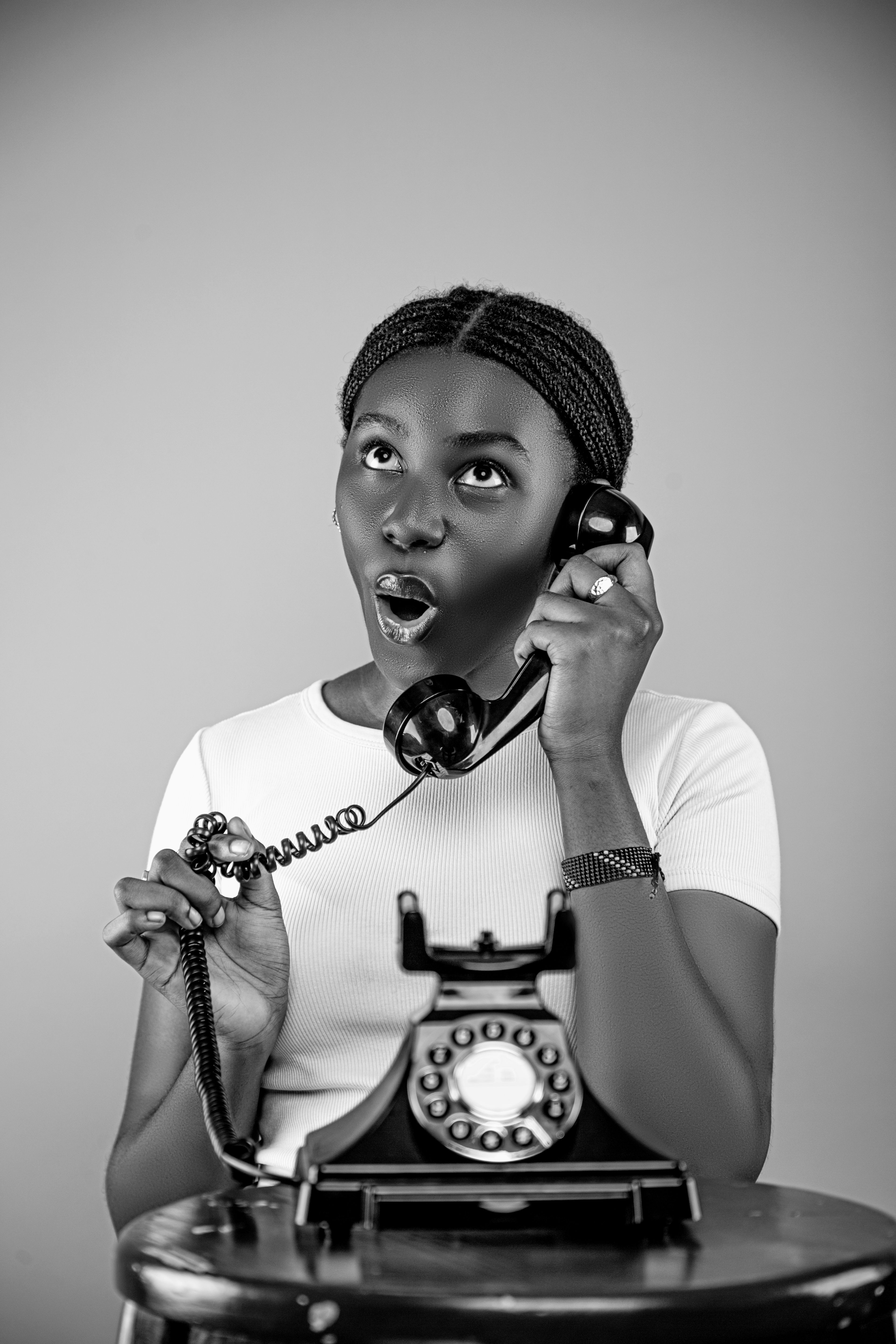 Black and White Portrait with Vintage Telephone · Free Stock Photo