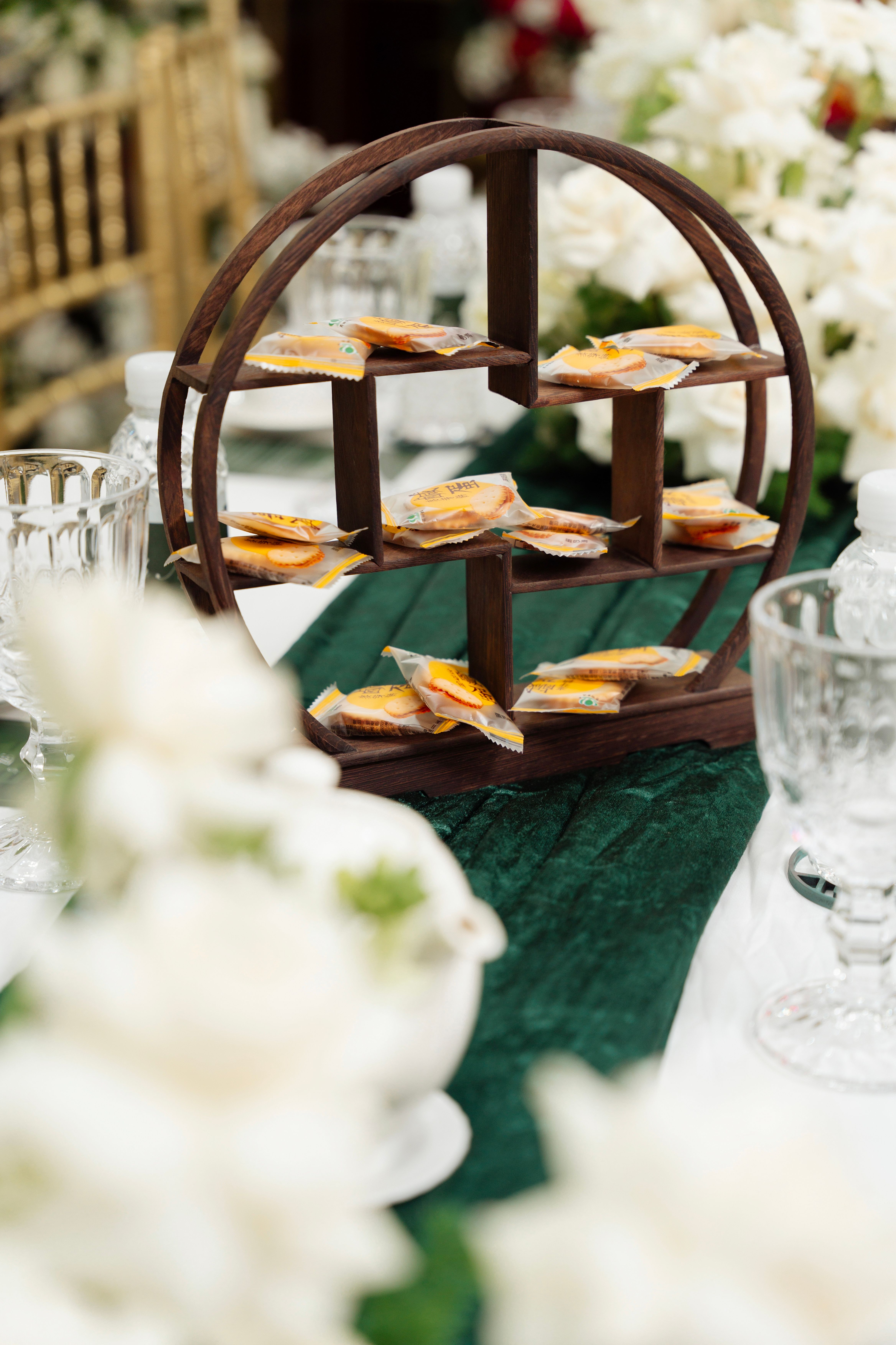 Elegant Table Setting with Snacks on Wooden Rack · Free Stock Photo