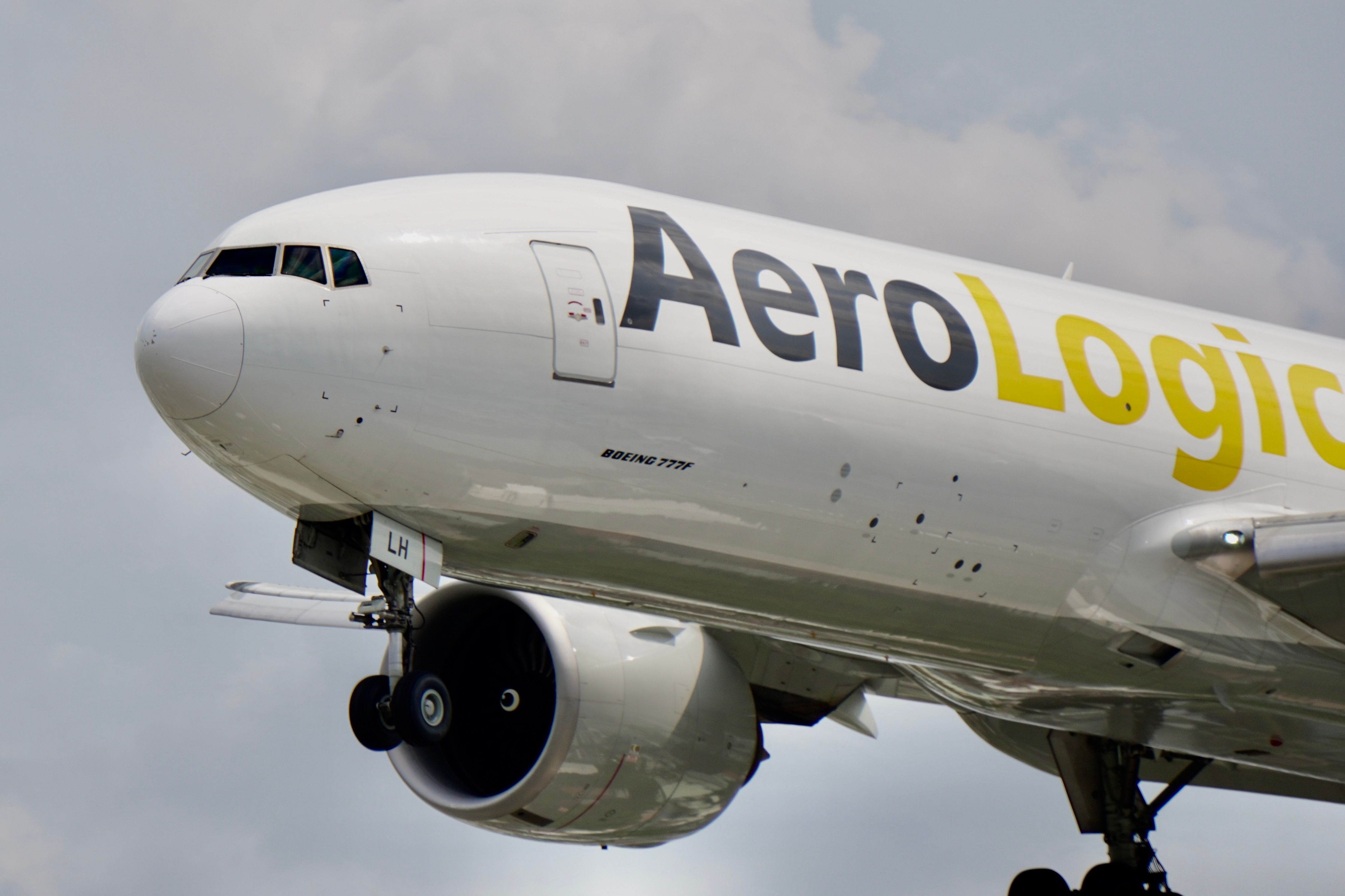 AeroLogic Boeing 777 in Flight Close-Up · Free Stock Photo