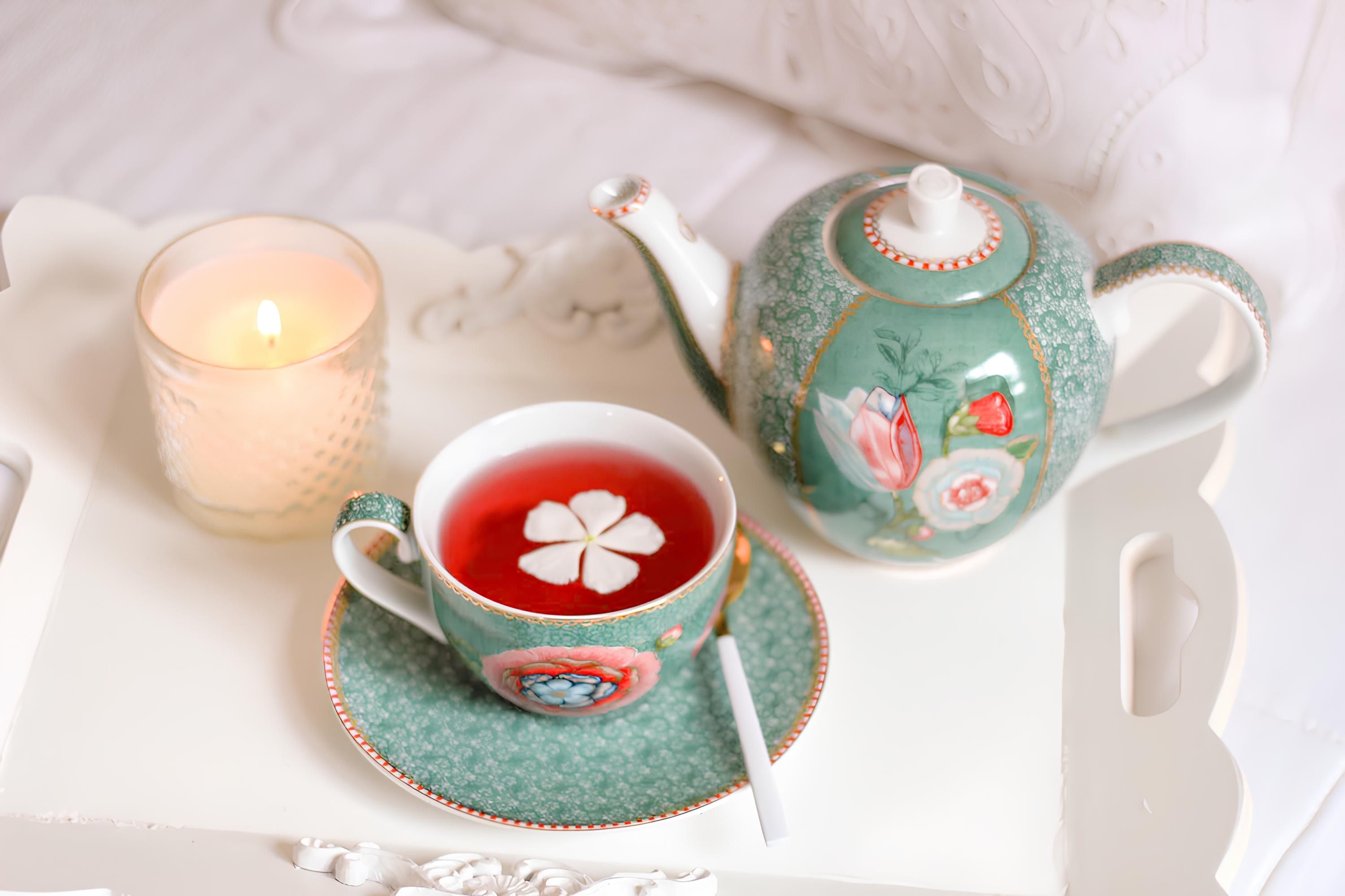 Elegant Floral Tea Set with Candle on Tray · Free Stock Photo