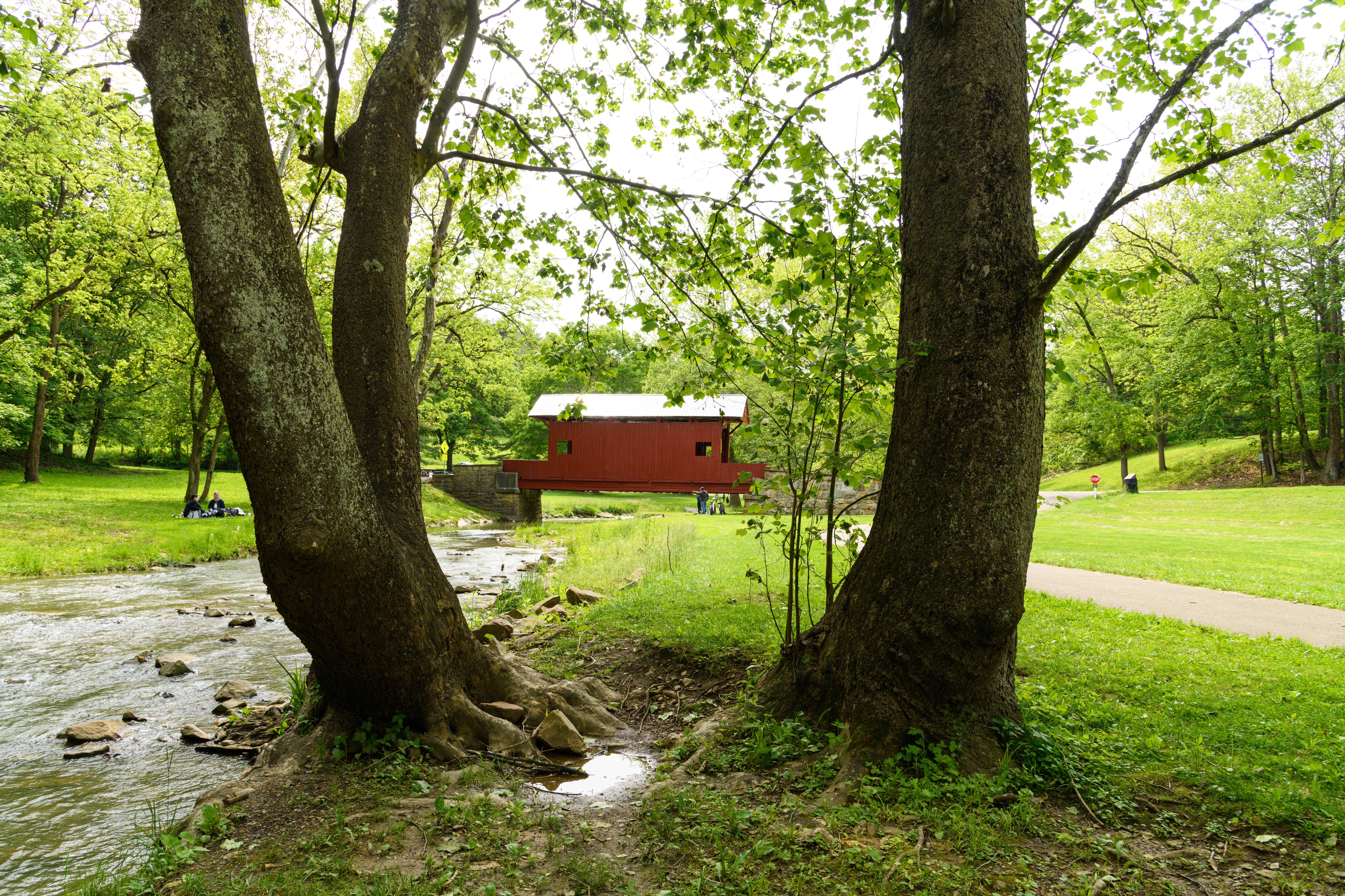 Charming Red Covered Bridge in Lush Green Park · Free Stock Photo
