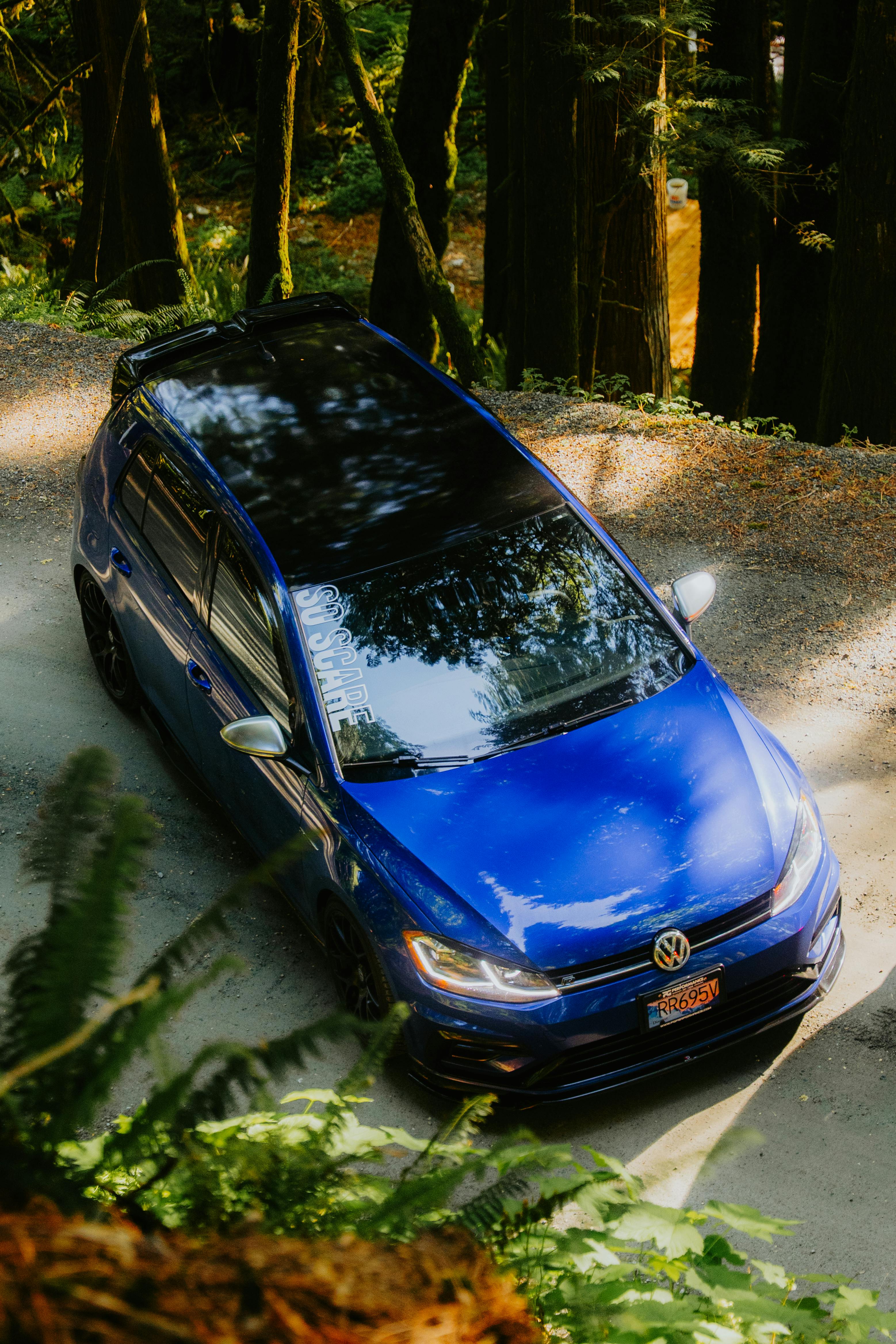 Blue Volkswagen Car on Forest Road in Daylight · Free Stock Photo