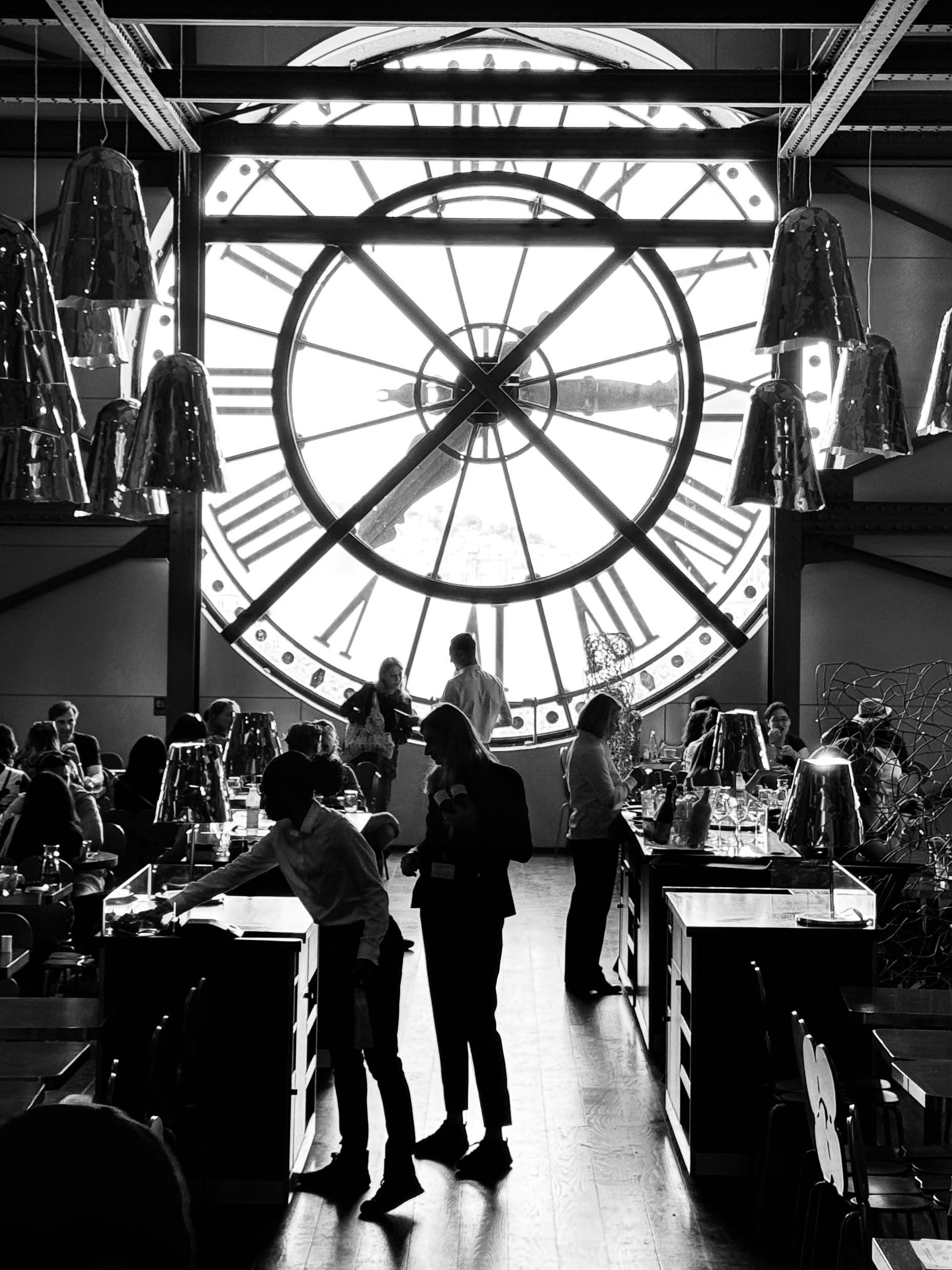 Elegant Black and White Clock Tower Cafe Scene · Free Stock Photo