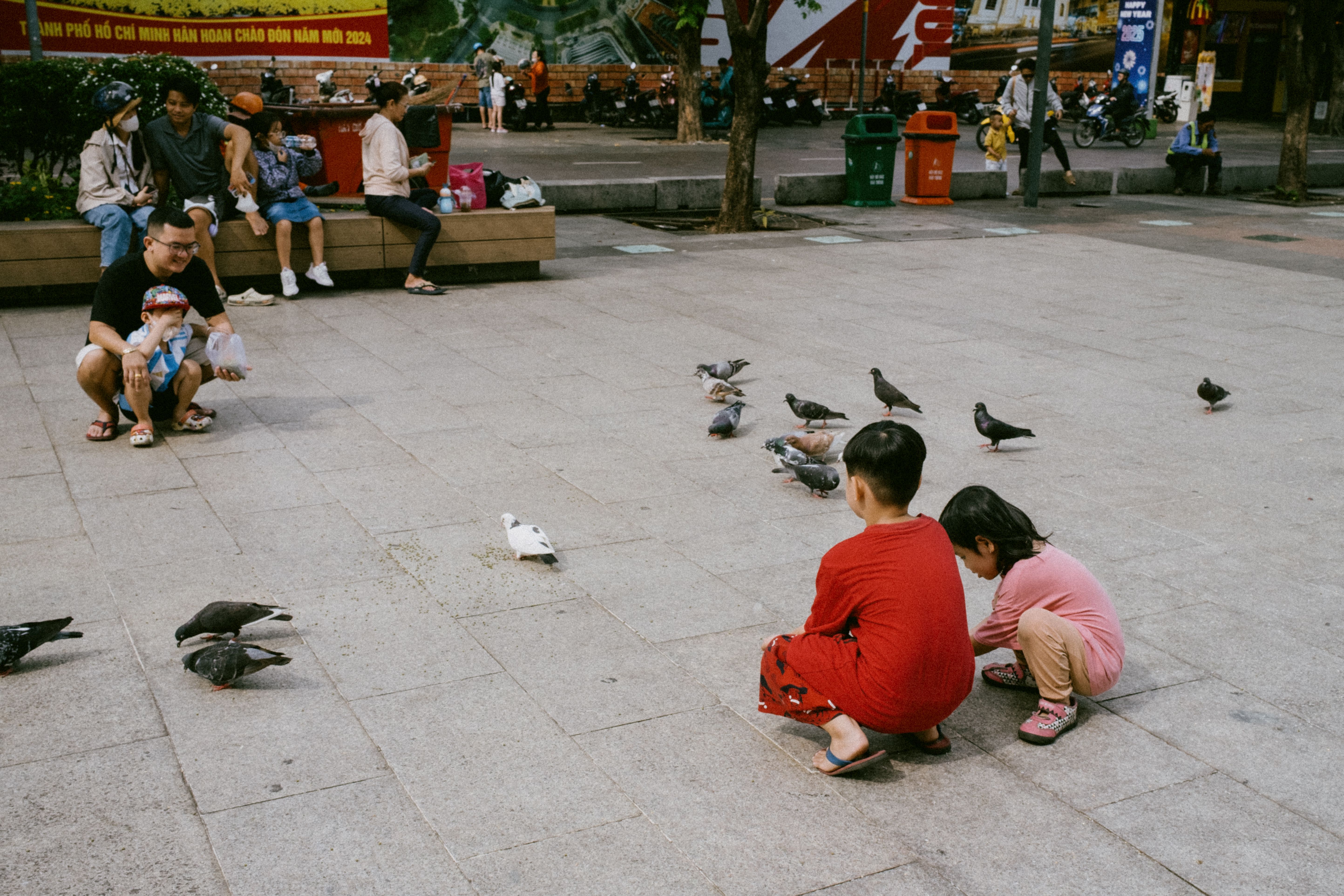 Children Feeding Pigeons in Urban Square · Free Stock Photo