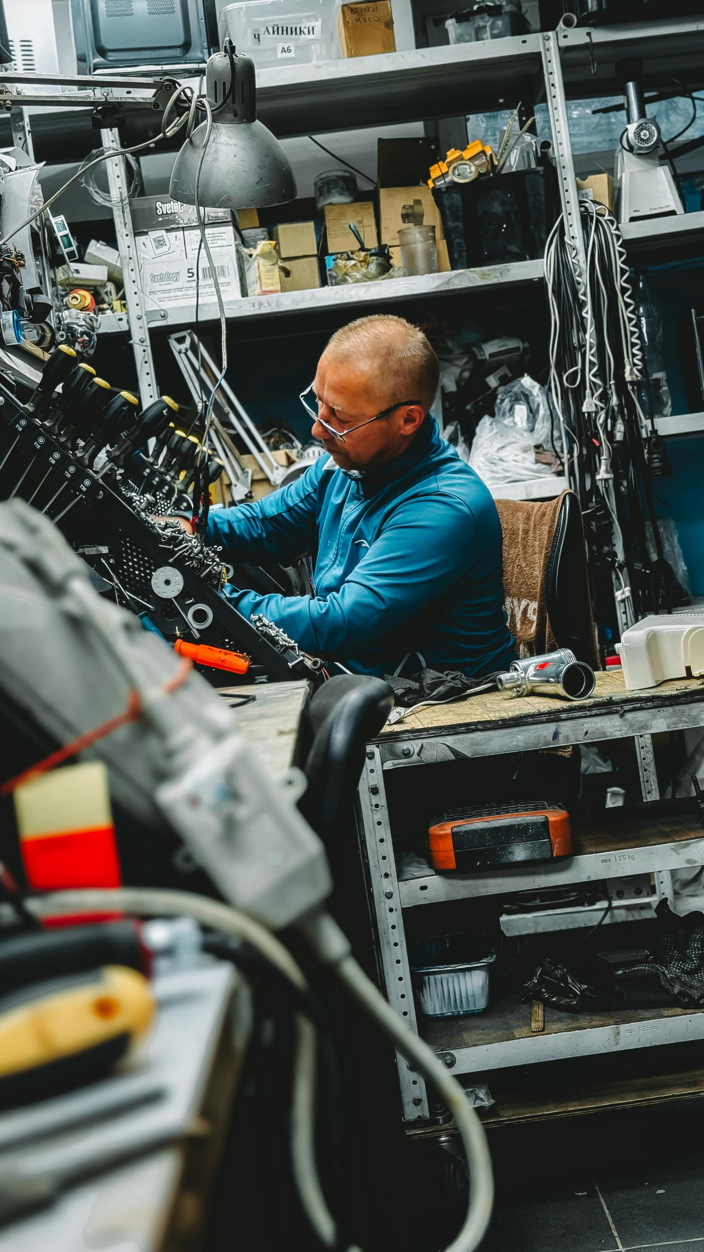 Technician Working in a Cluttered Workshop · Free Stock Photo
