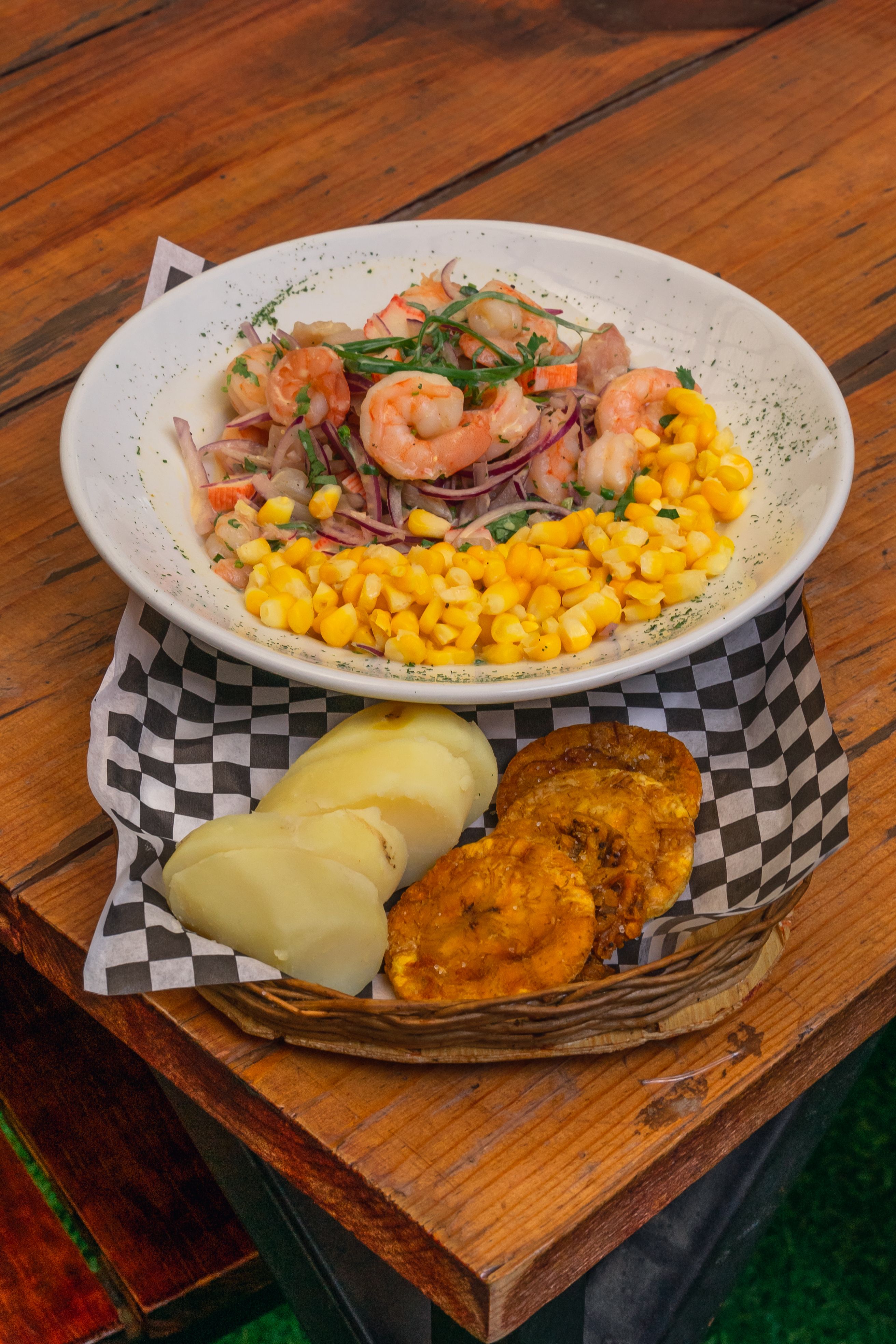 Fresh Seafood Ceviche with Sides on Rustic Table · Free Stock Photo