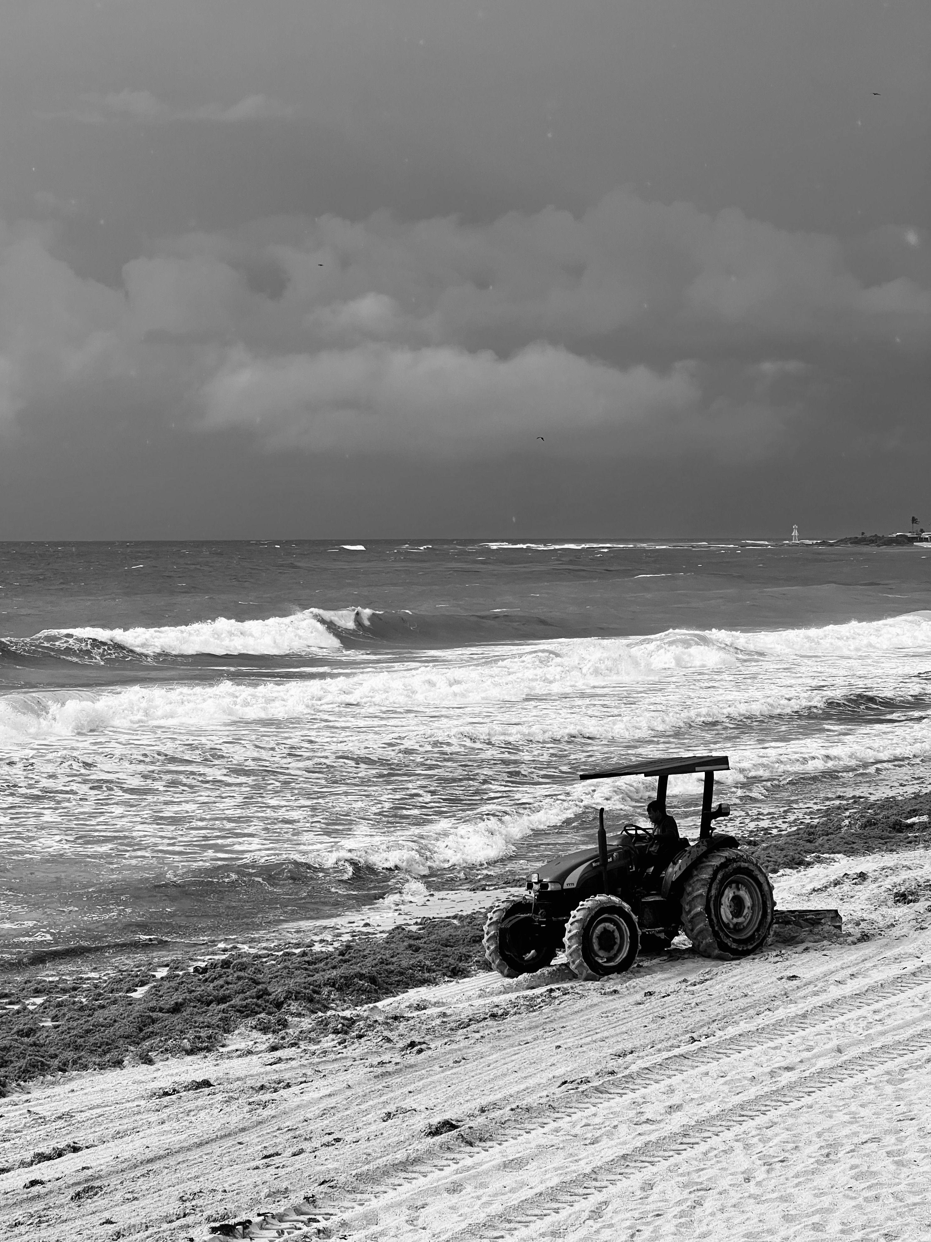 Black and White Beach Landscape with Tractor · Free Stock Photo