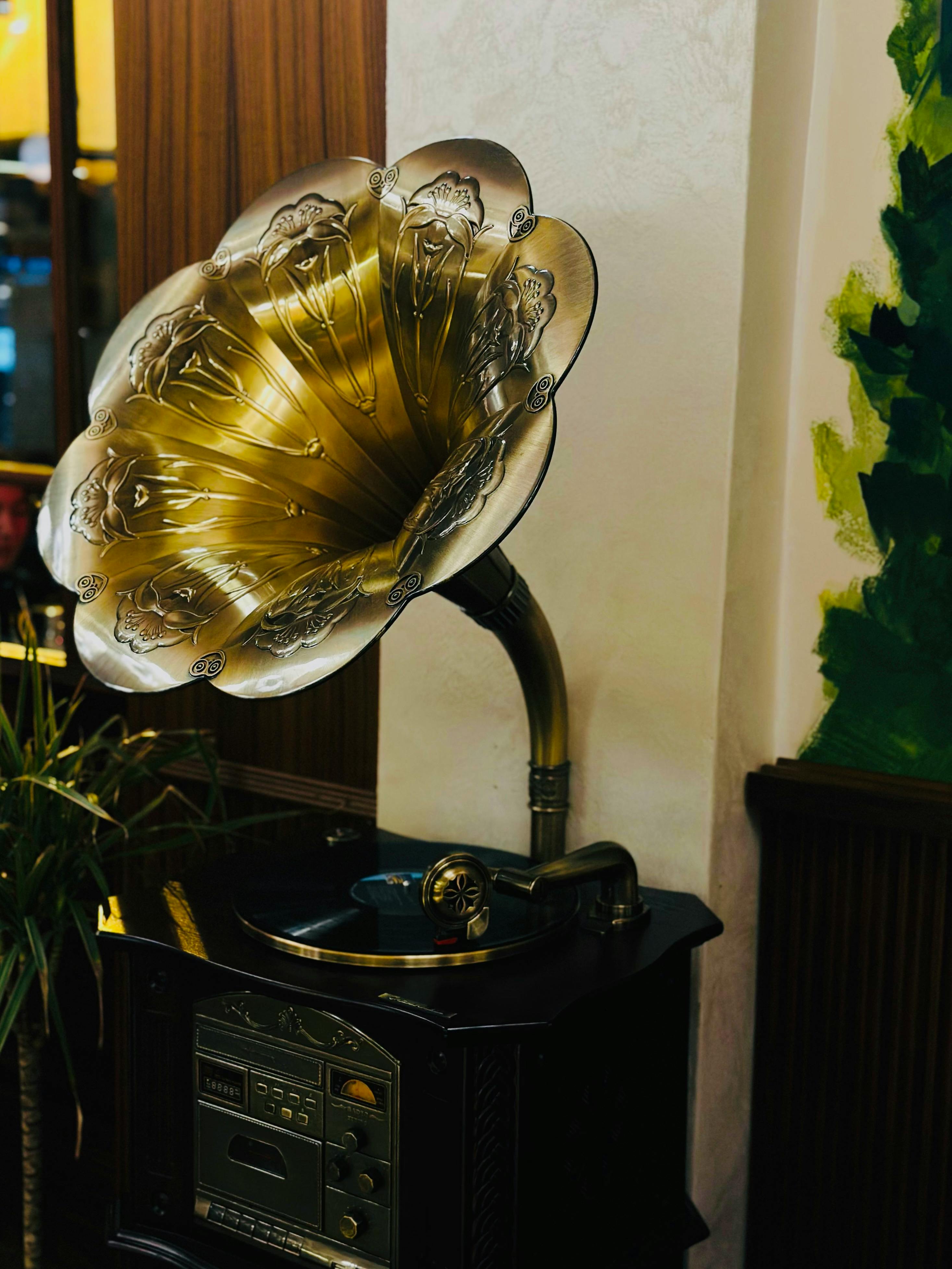 Vintage Brass Phonograph in Elegant Setting · Free Stock Photo