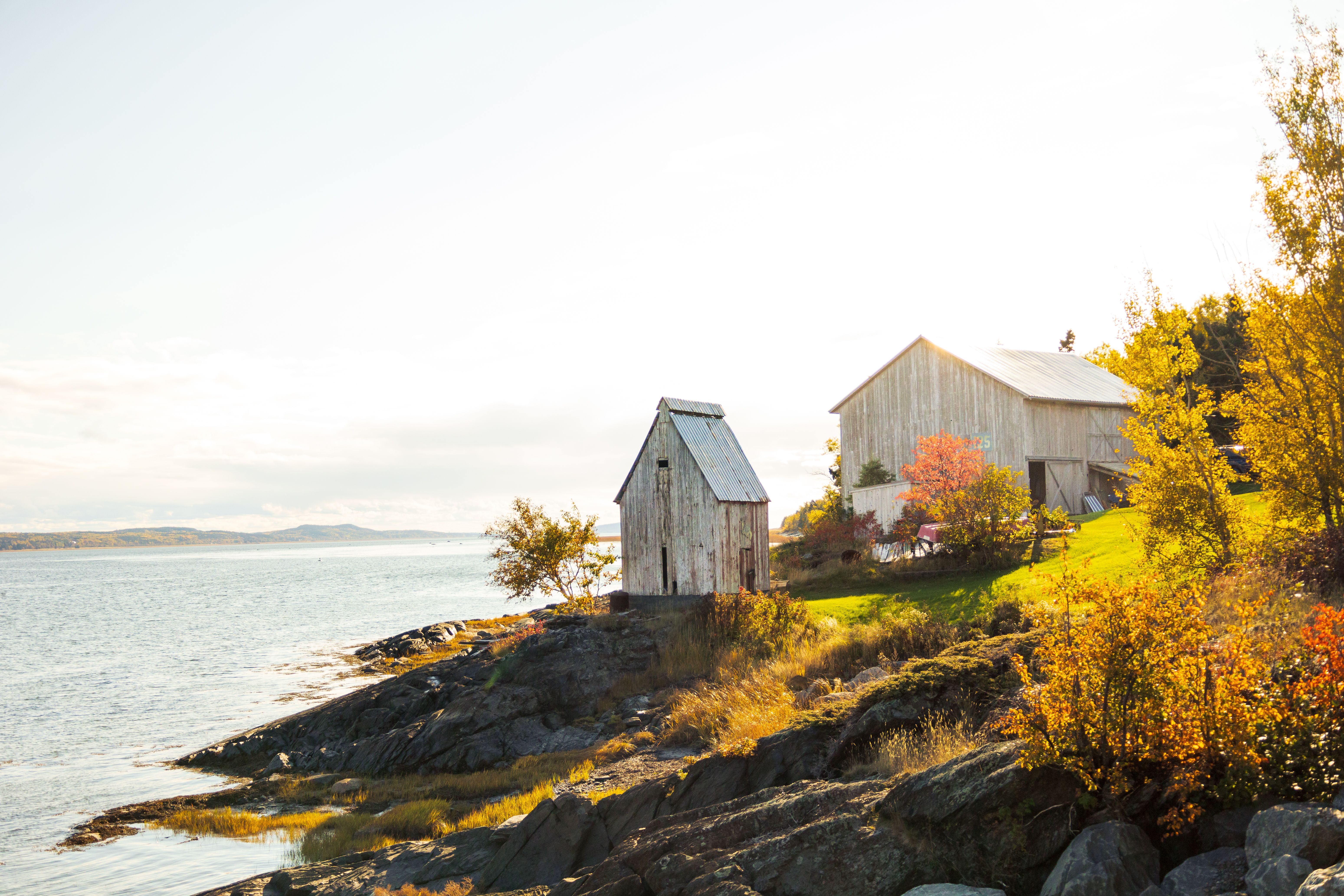 Charming Autumn Scene of Québec Coastline with Barns · Free Stock Photo