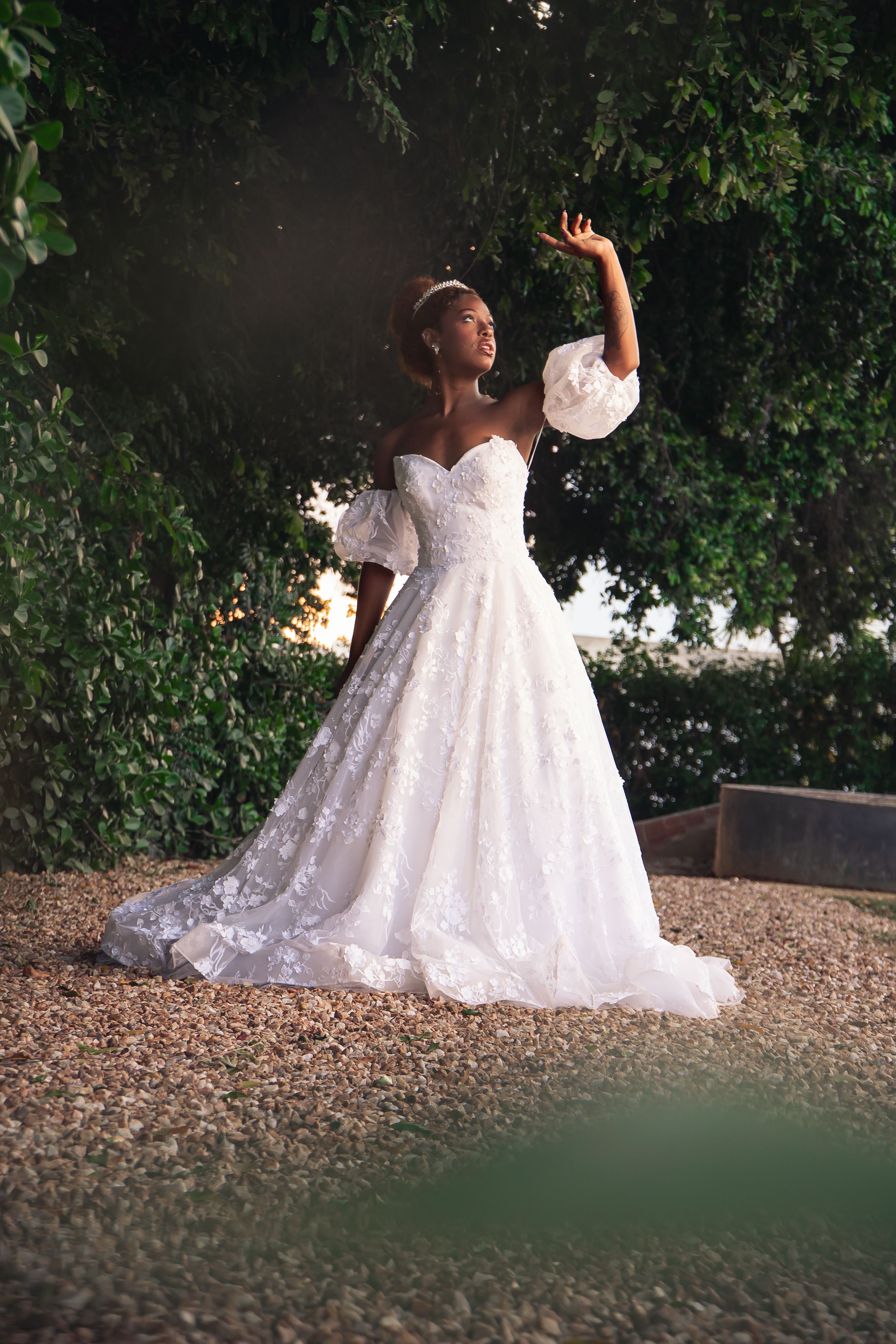 Elegant Bride in a Garden Setting During Sunset · Free Stock Photo