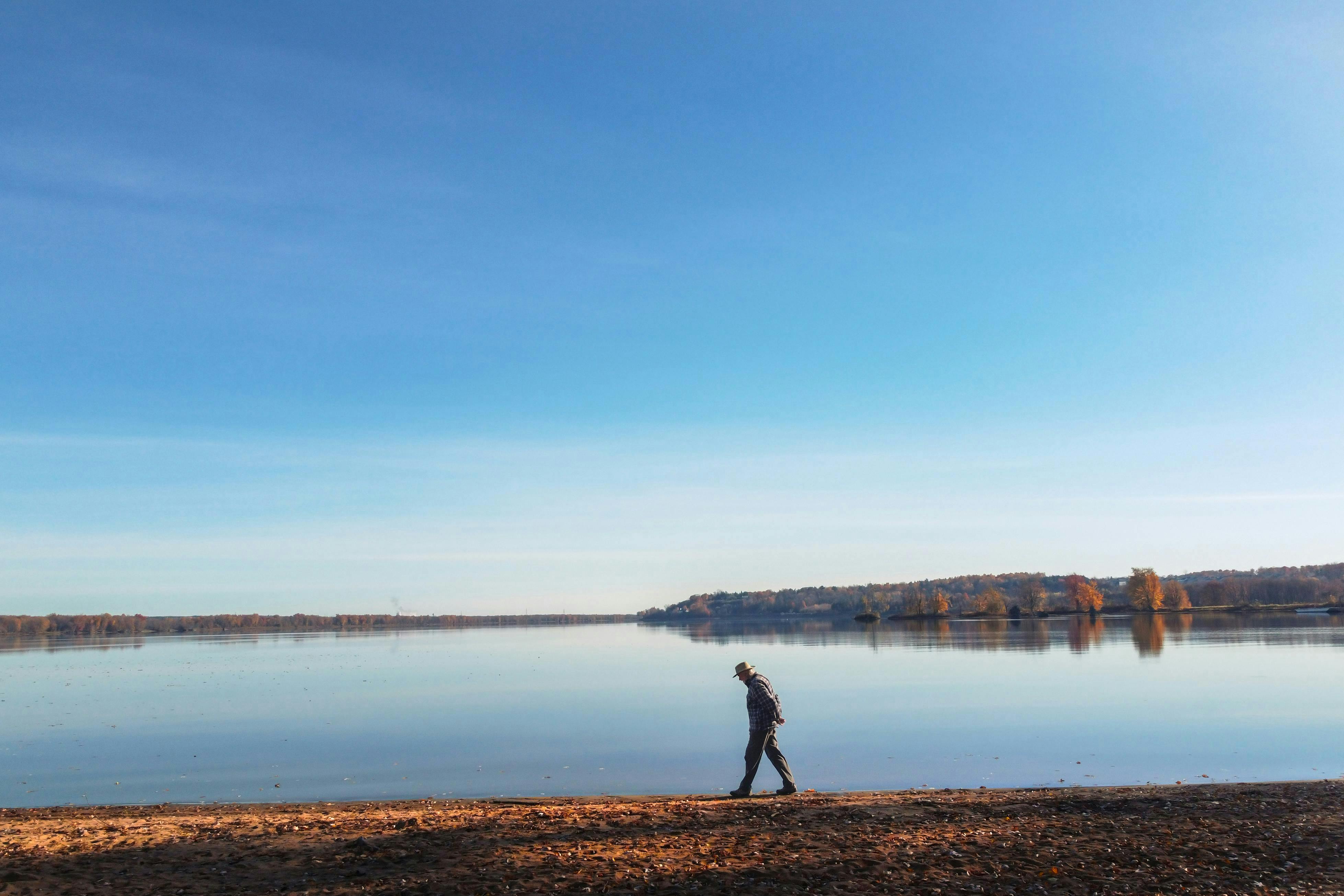 Solitary Walk Along Tranquil Autumn Lakeshore · Free Stock Photo