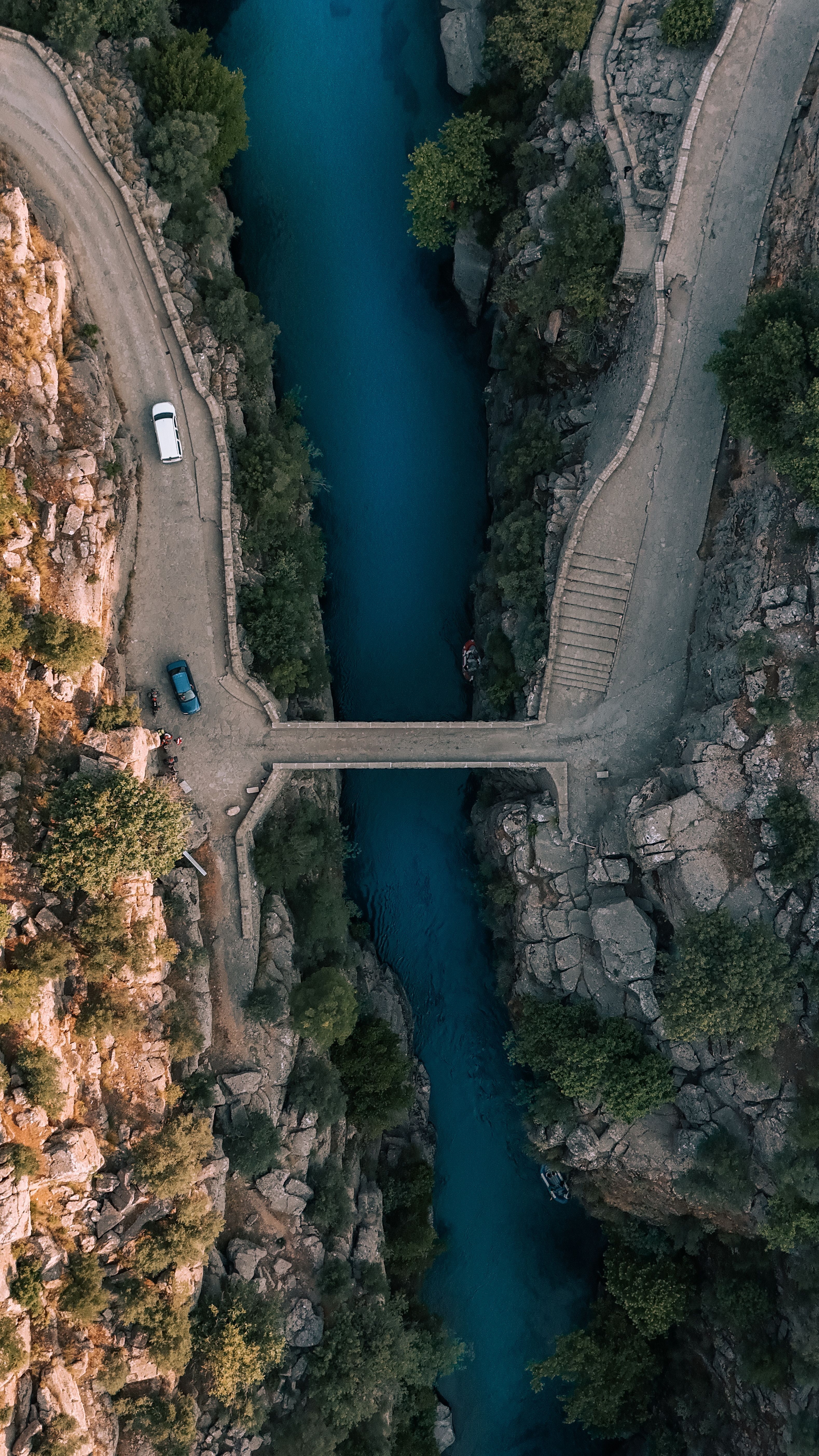 Aerial View of Scenic Gorge with Bridge and Cars · Free Stock Photo
