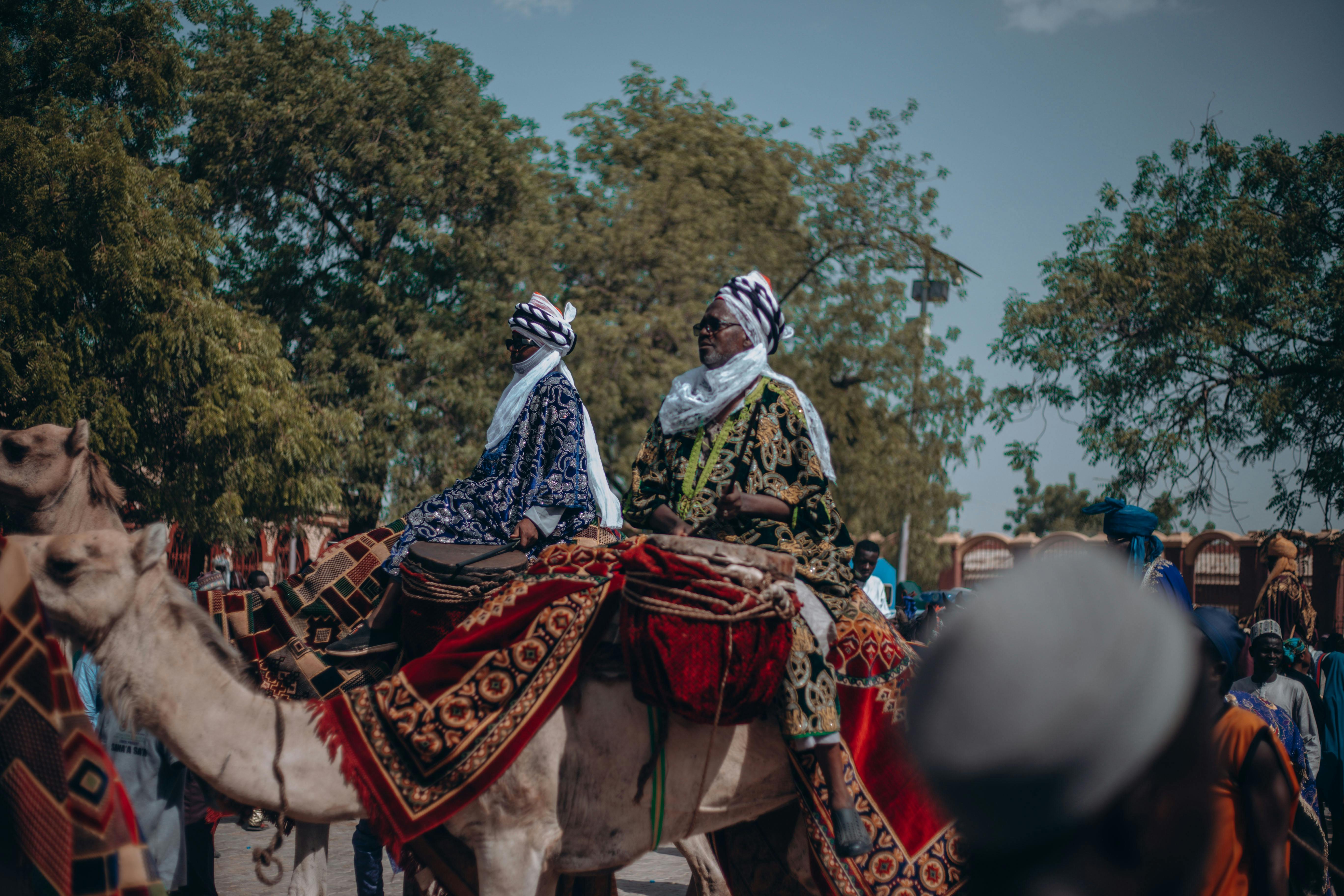 Traditional Camel Riders in Colorful Attire Outdoors · Free Stock Photo