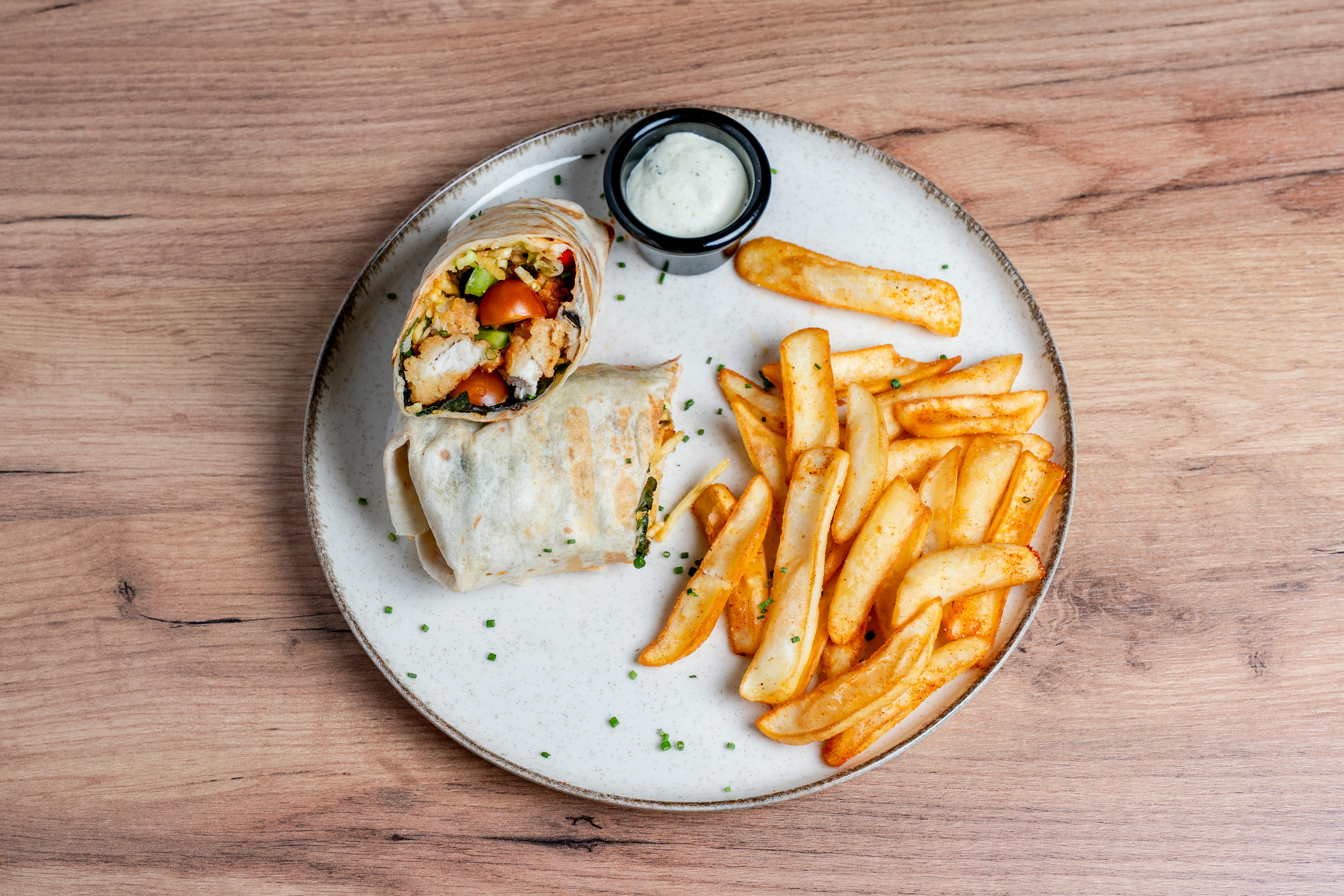 Delicious Chicken Wrap with Fries on Plate · Free Stock Photo