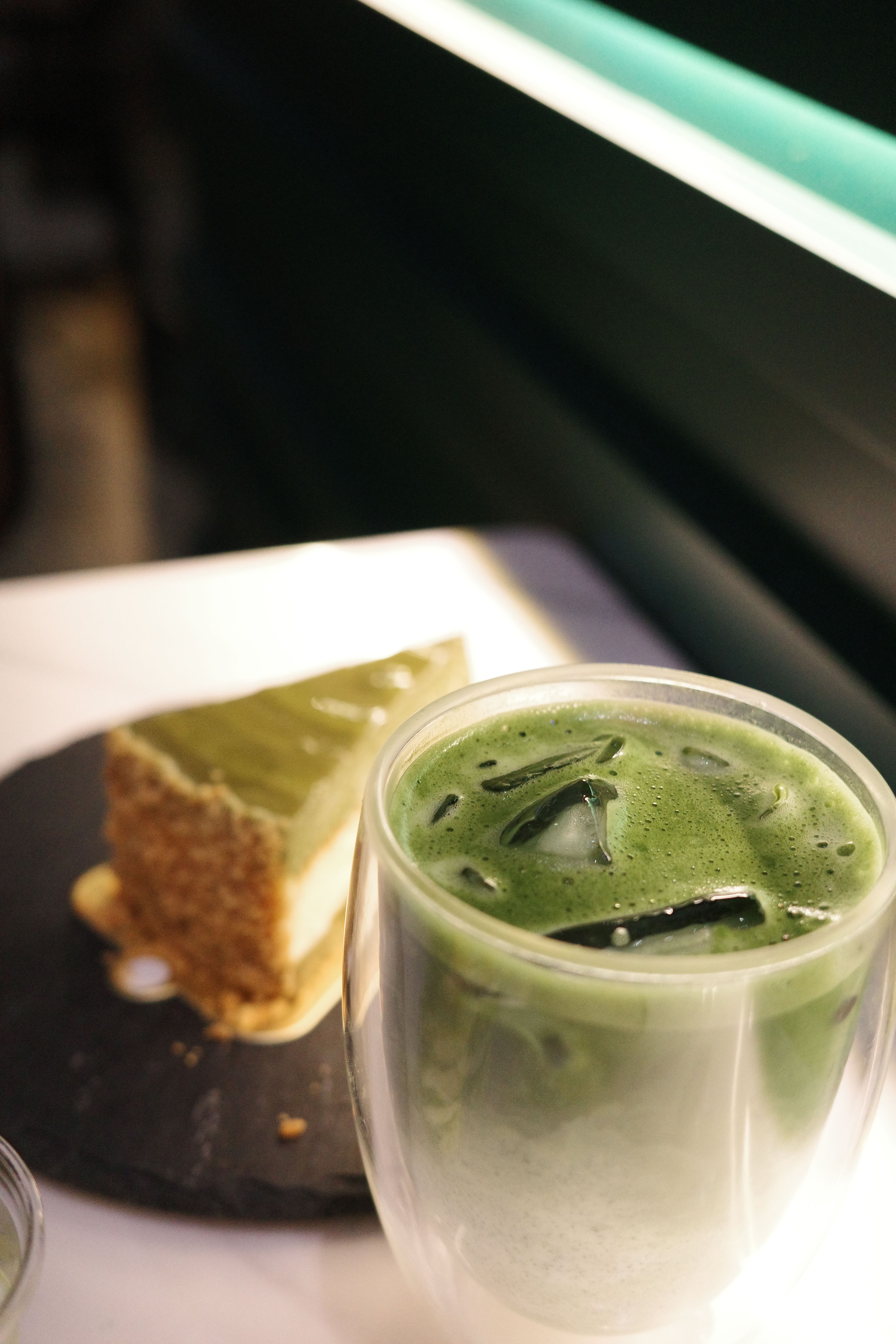 Iced Matcha Latte and Matcha Cheesecake Delight · Free Stock Photo