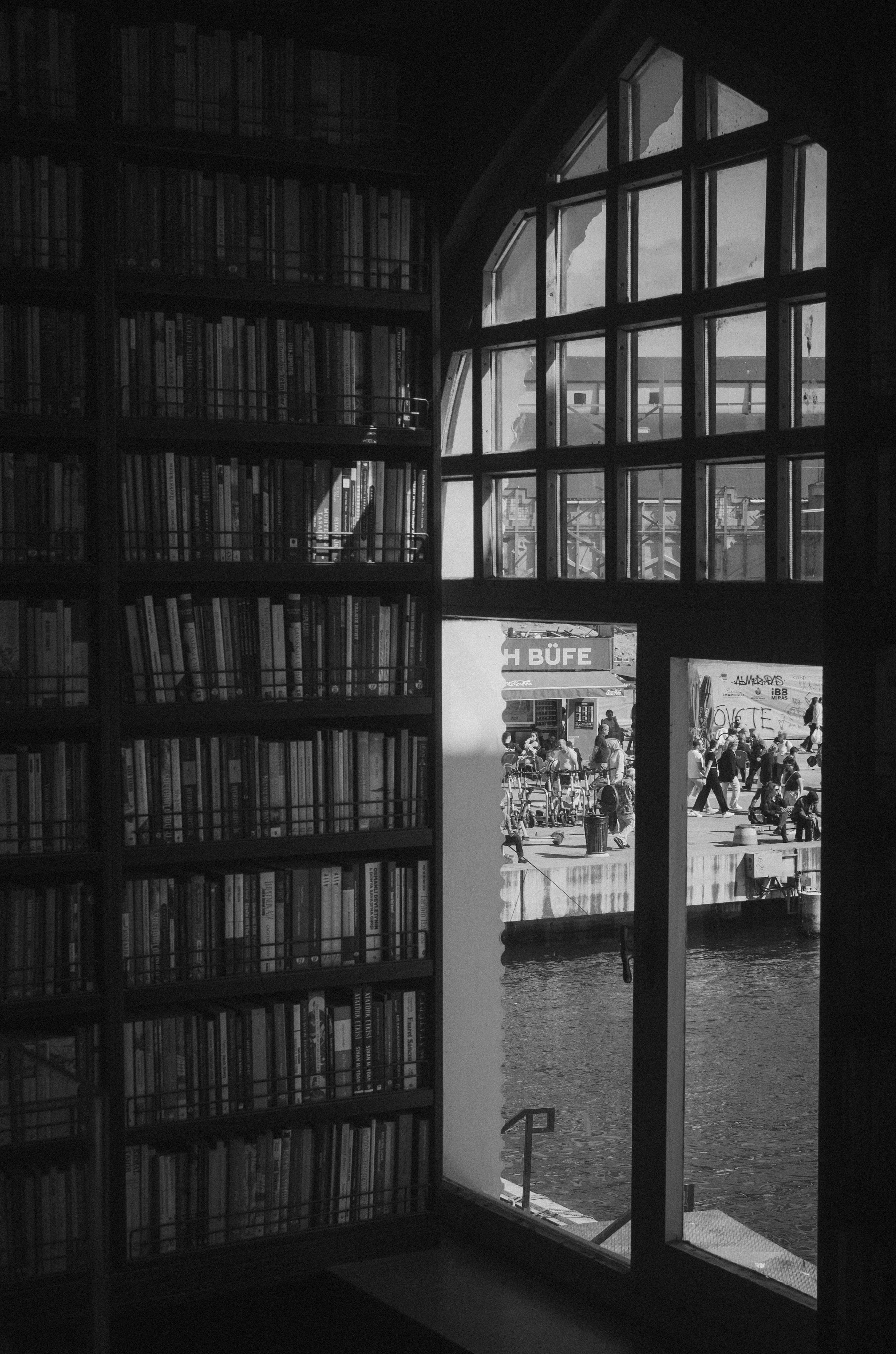 Black and White Library Window View · Free Stock Photo
