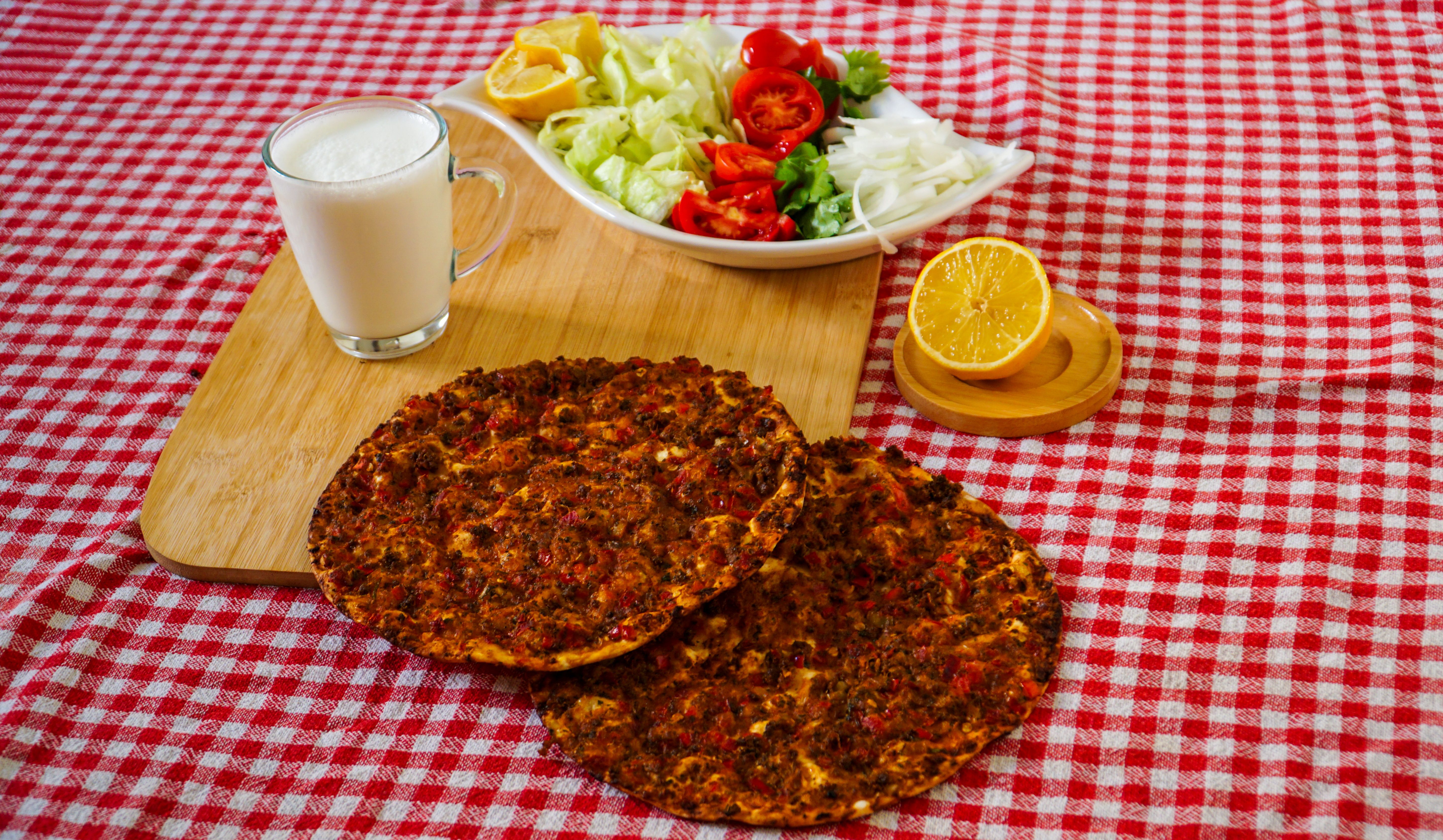 Traditional Turkish Lahmacun with Ayran and Salad · Free Stock Photo