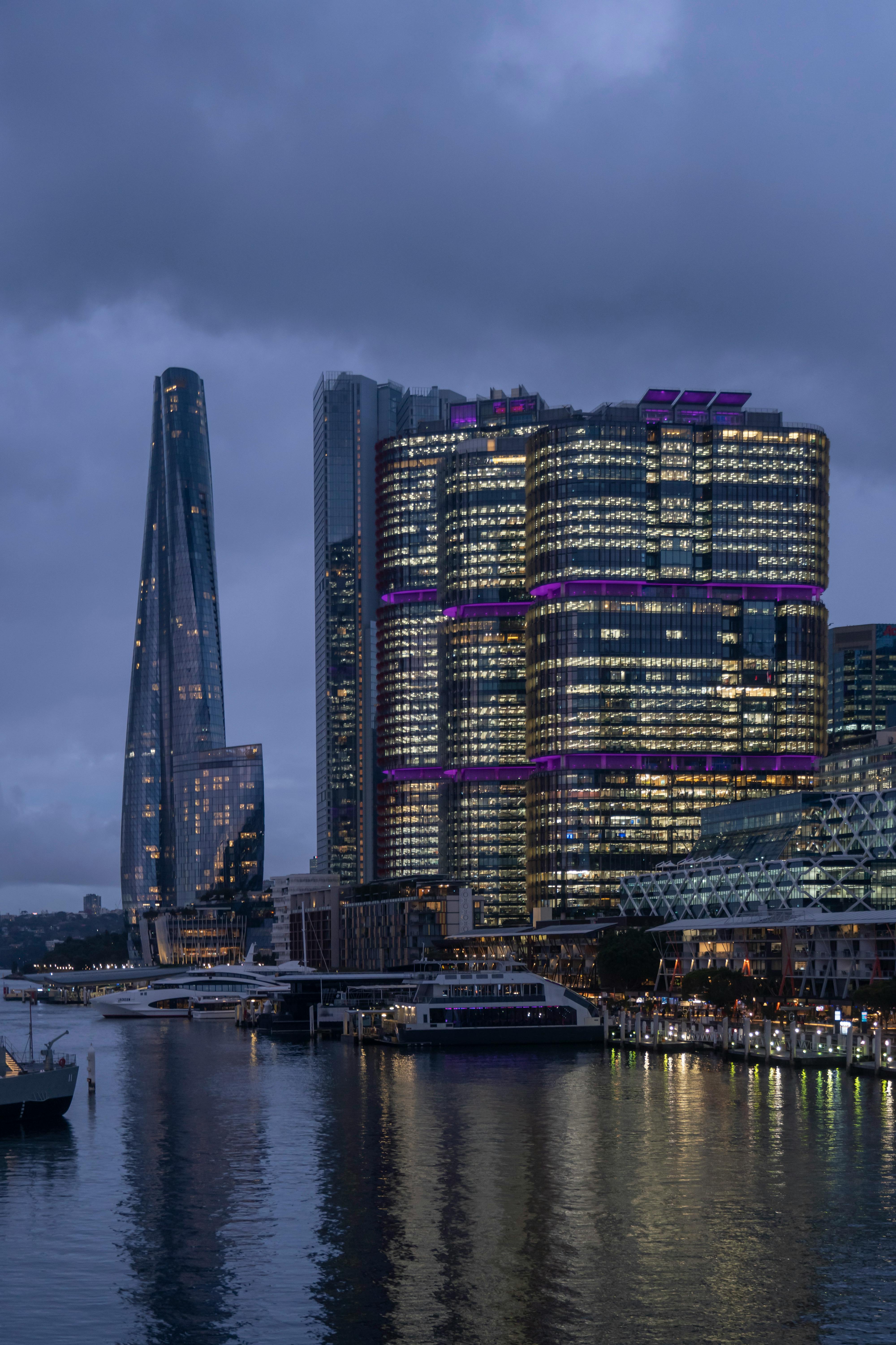 Sydney Skyline at Dusk with Illuminated Skyscrapers · Free Stock Photo