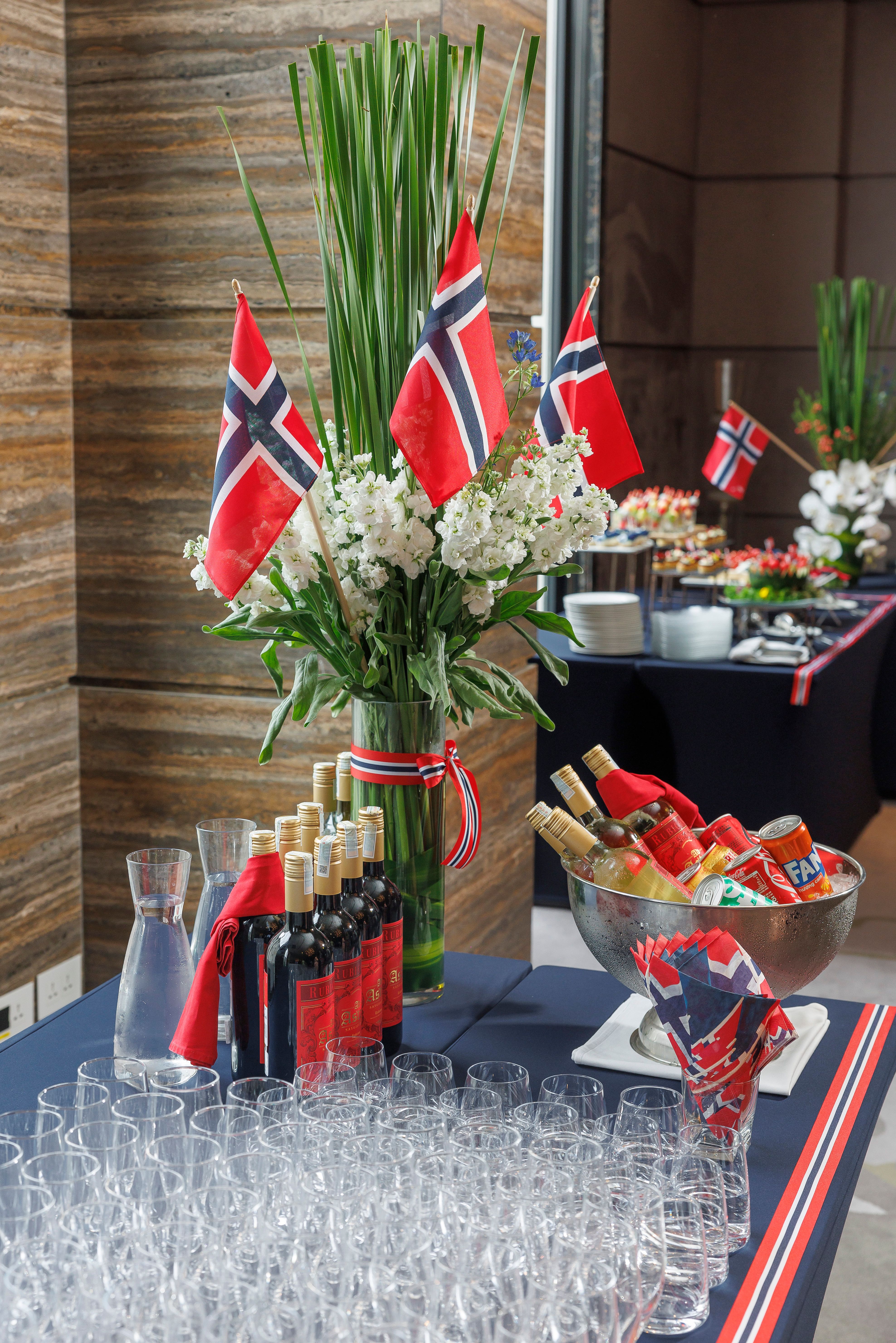 Norwegian Celebration Table with Flags and Drinks · Free Stock Photo