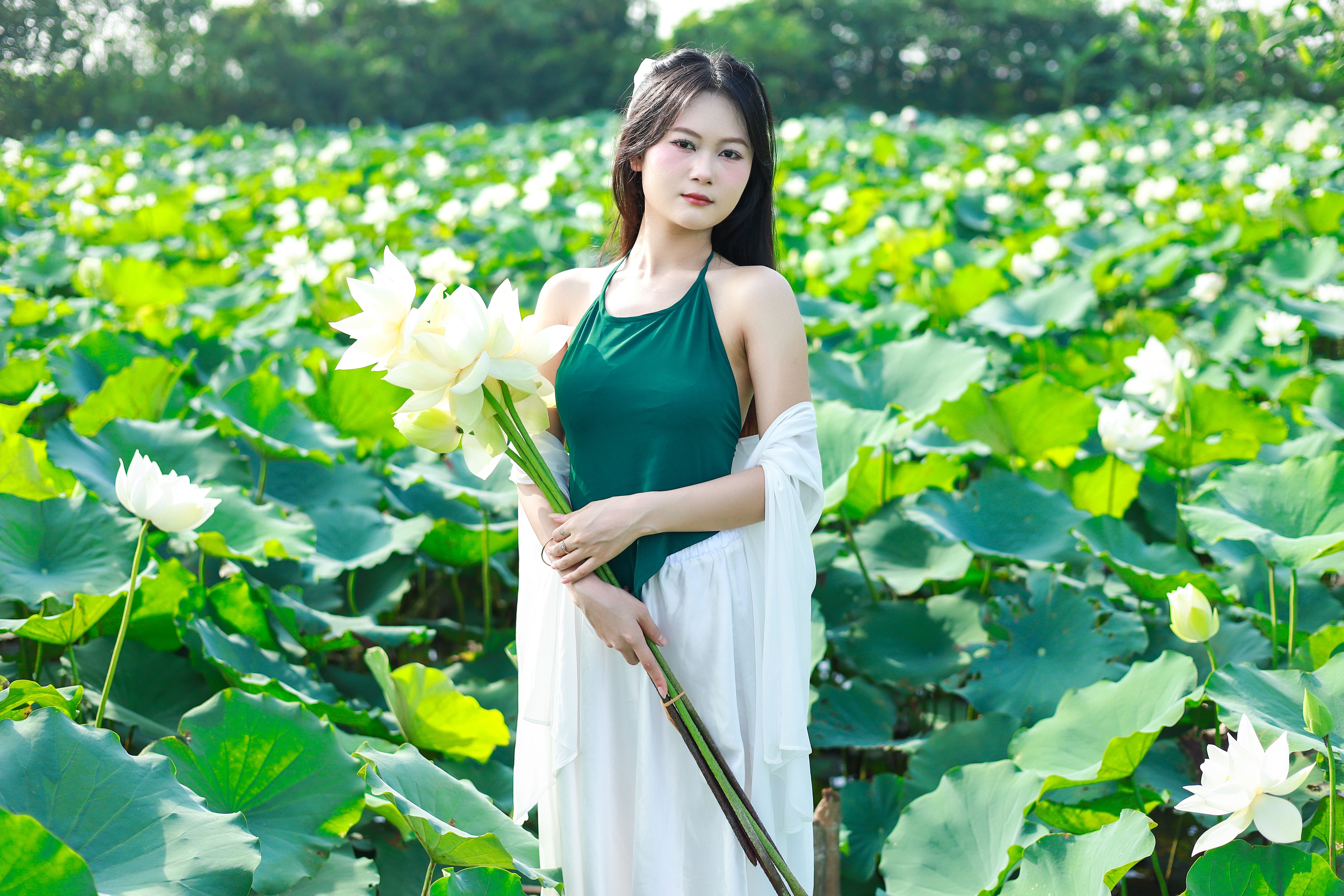 Young Woman in Lotus Field Holding Flowers · Free Stock Photo