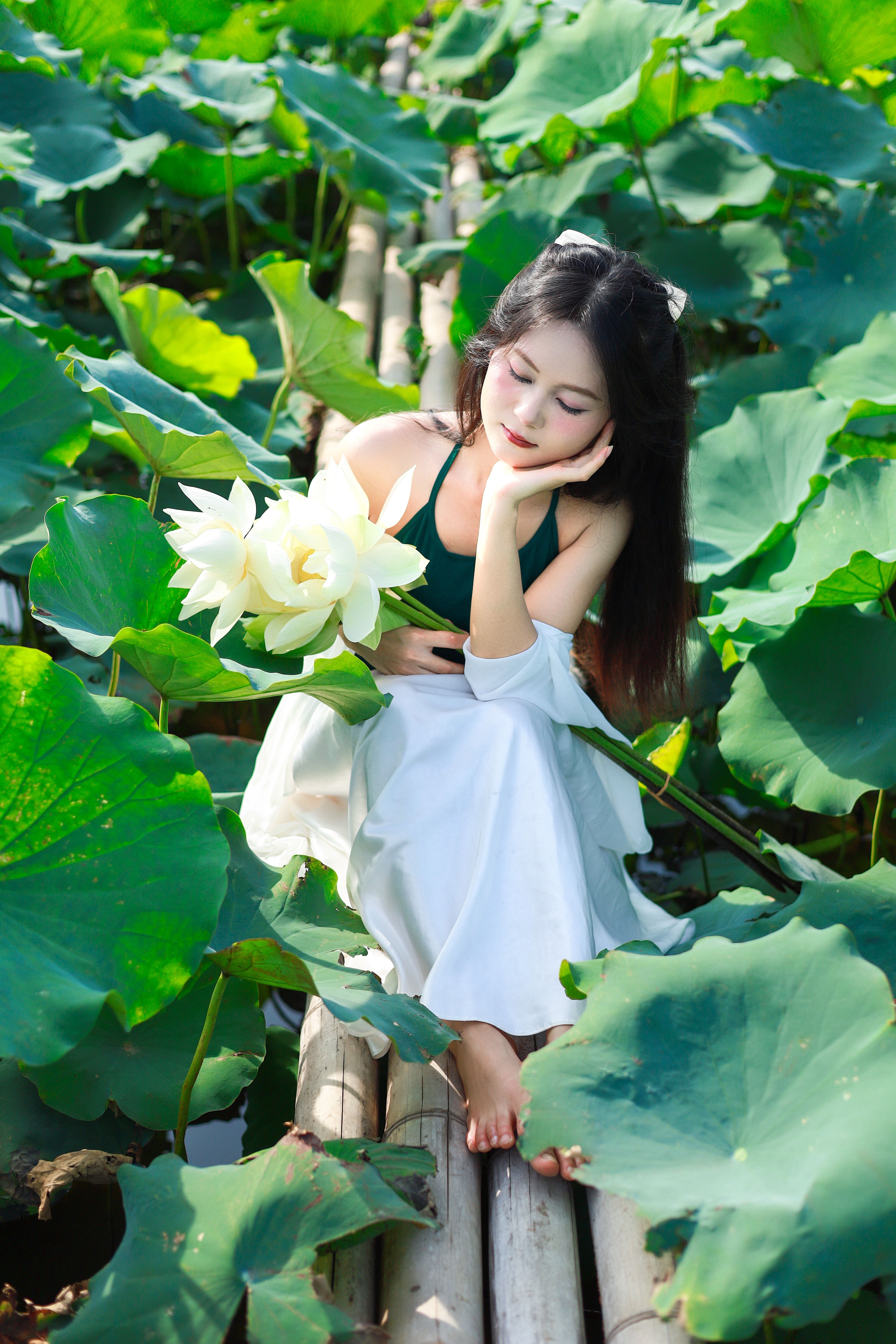 Young Woman Amongst Lotus Flowers in Vietnam · Free Stock Photo