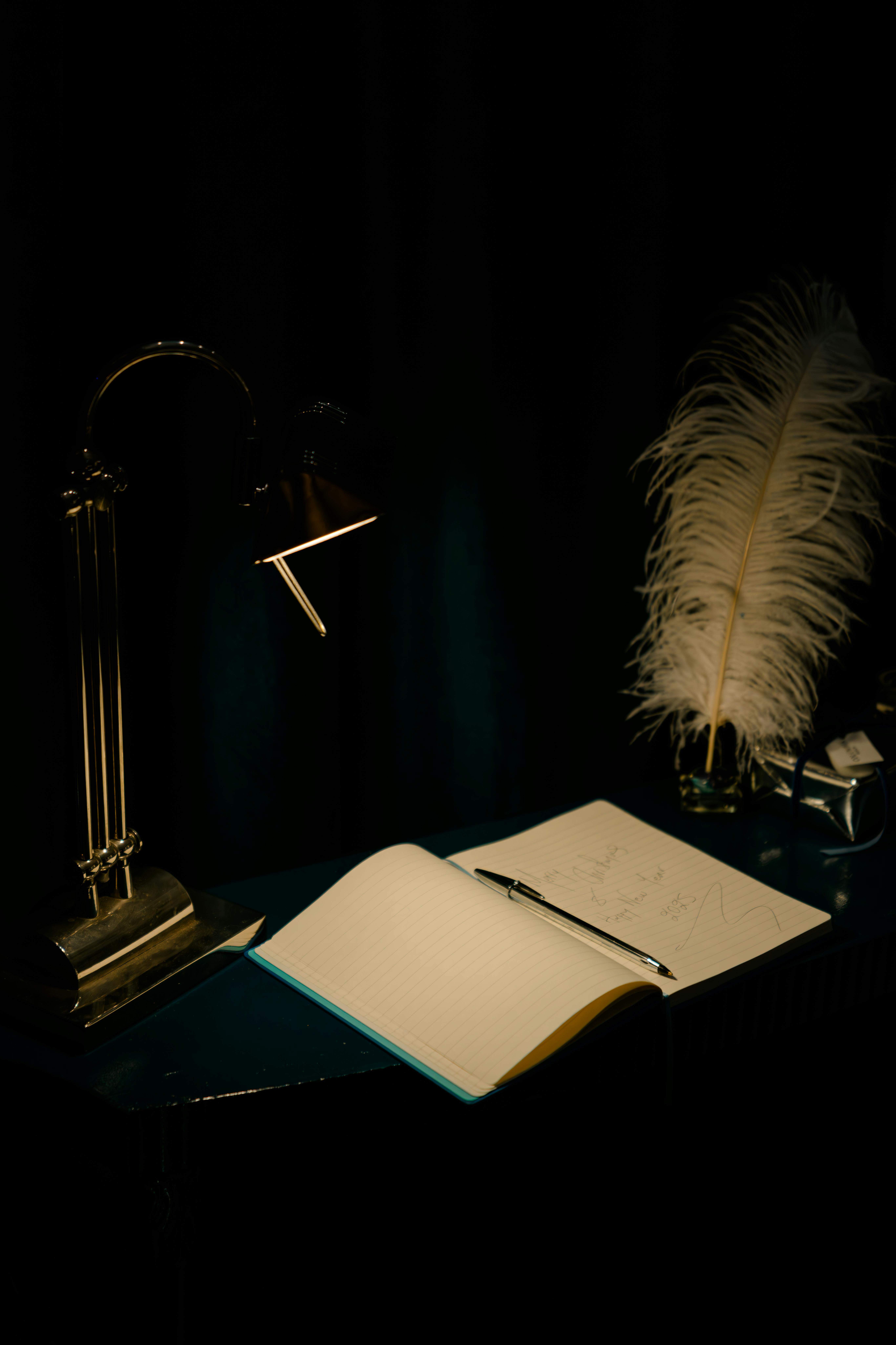 Elegant Desk with Feather Quill and Lamp · Free Stock Photo