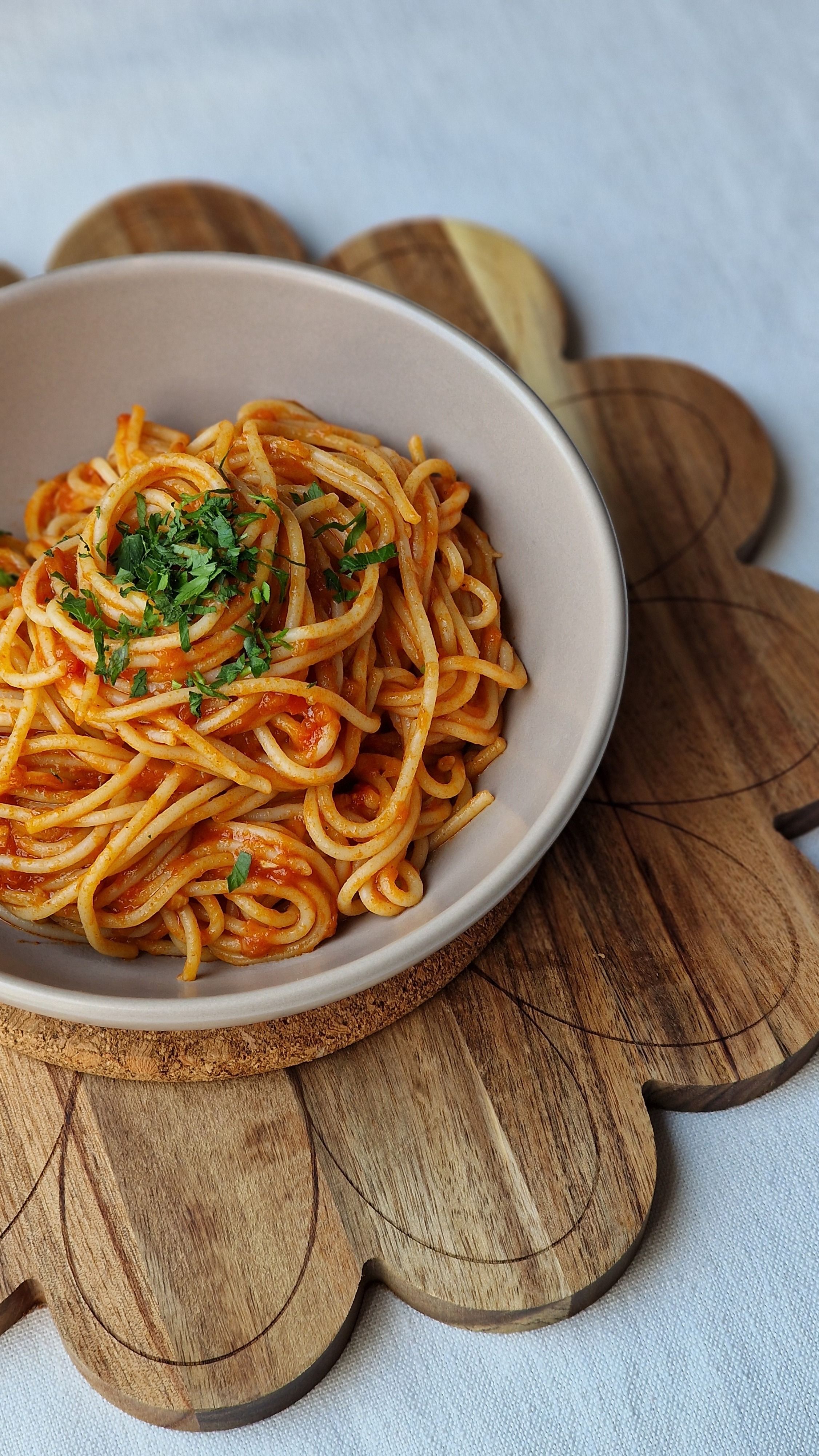 Delicious Spaghetti in Tomato Sauce on Wooden Tray · Free Stock Photo