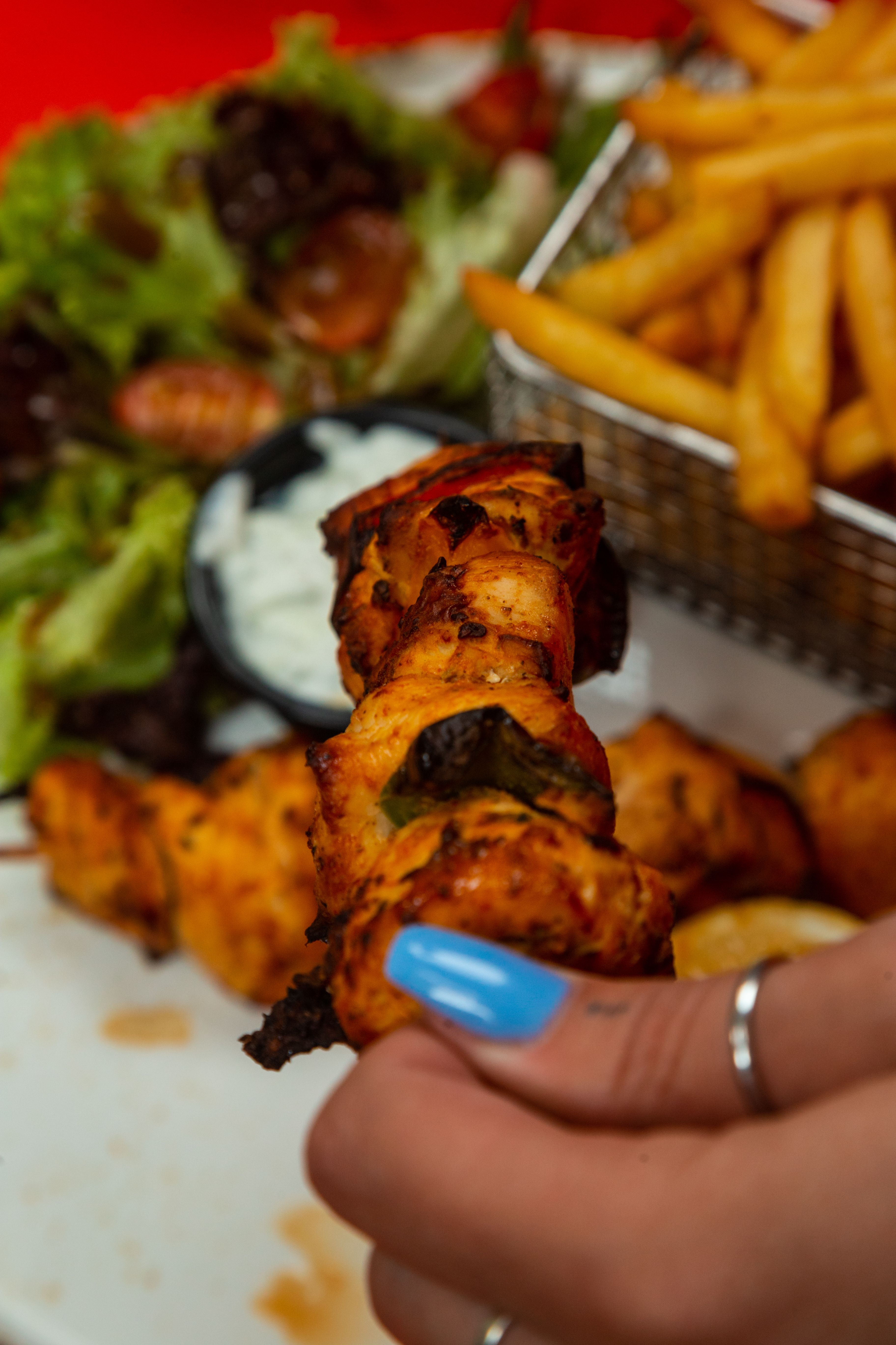 Close-up of Grilled Chicken Skewer with Fries · Free Stock Photo