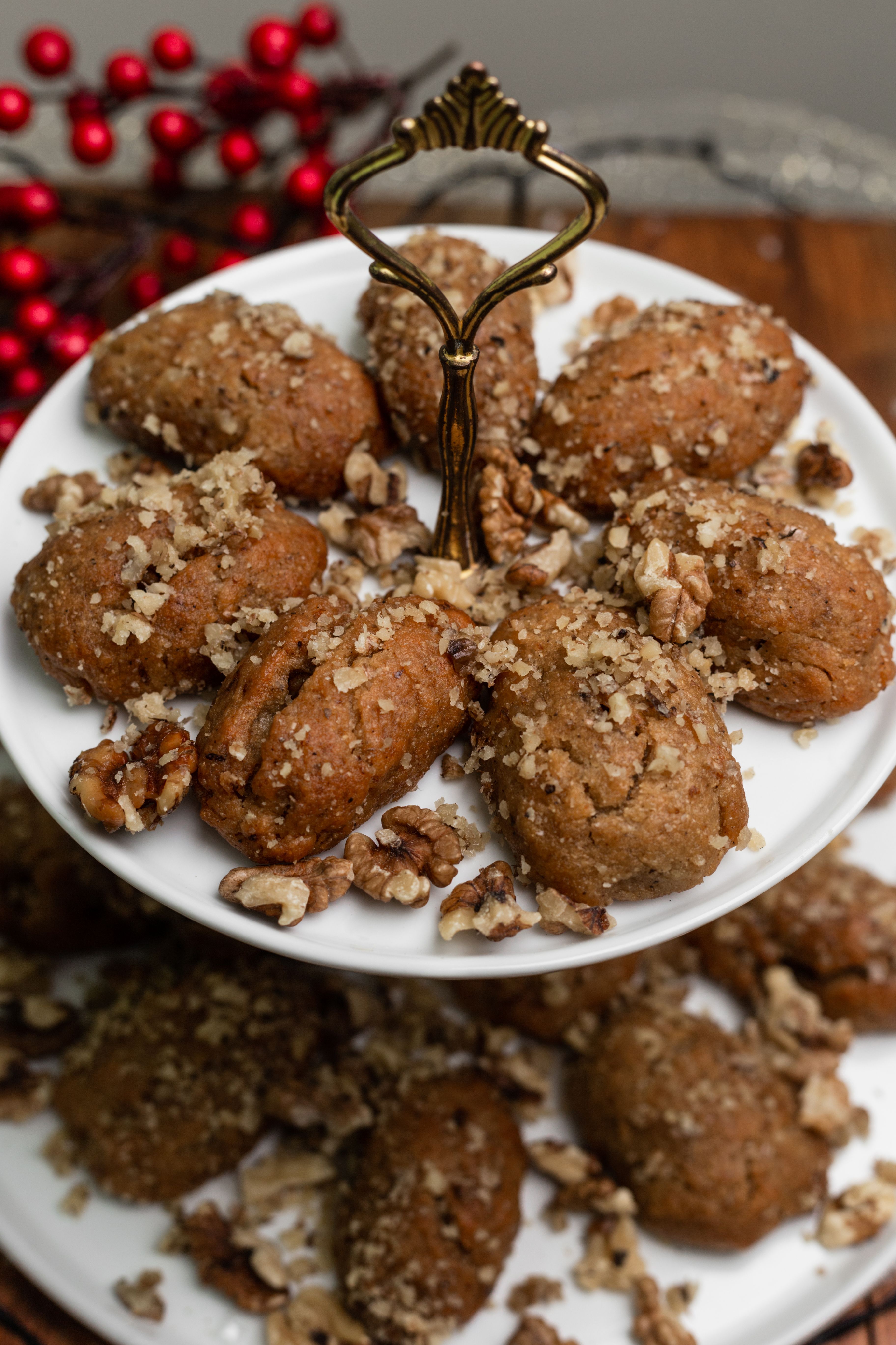 Festive Walnut Greek Cookies on Elegant Stand · Free Stock Photo