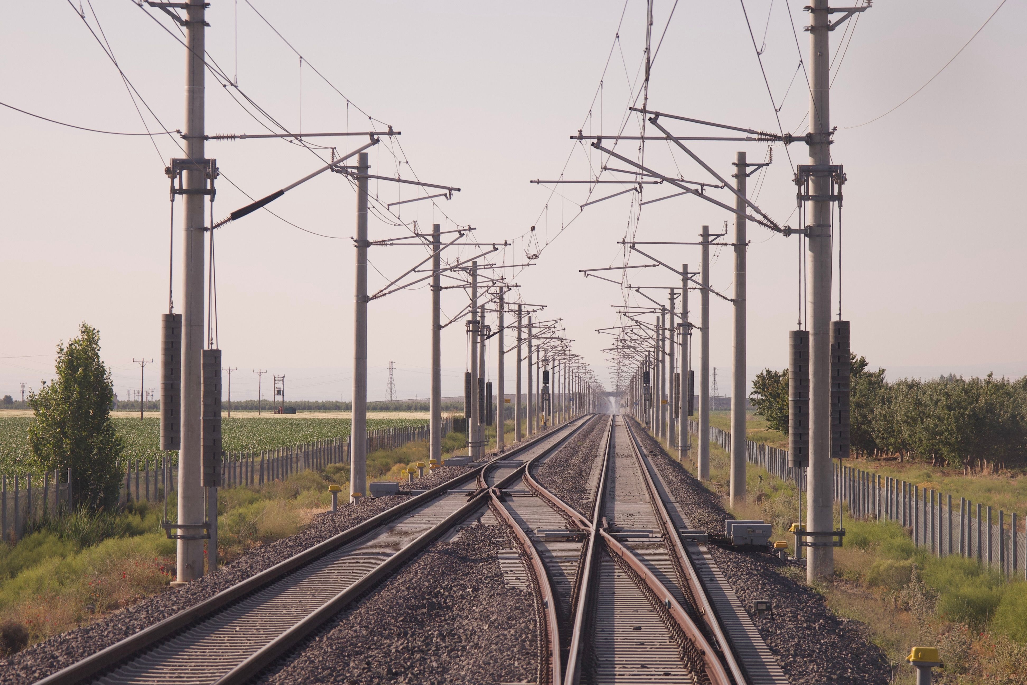 Straight railway tracks with power lines outdoors · Free Stock Photo