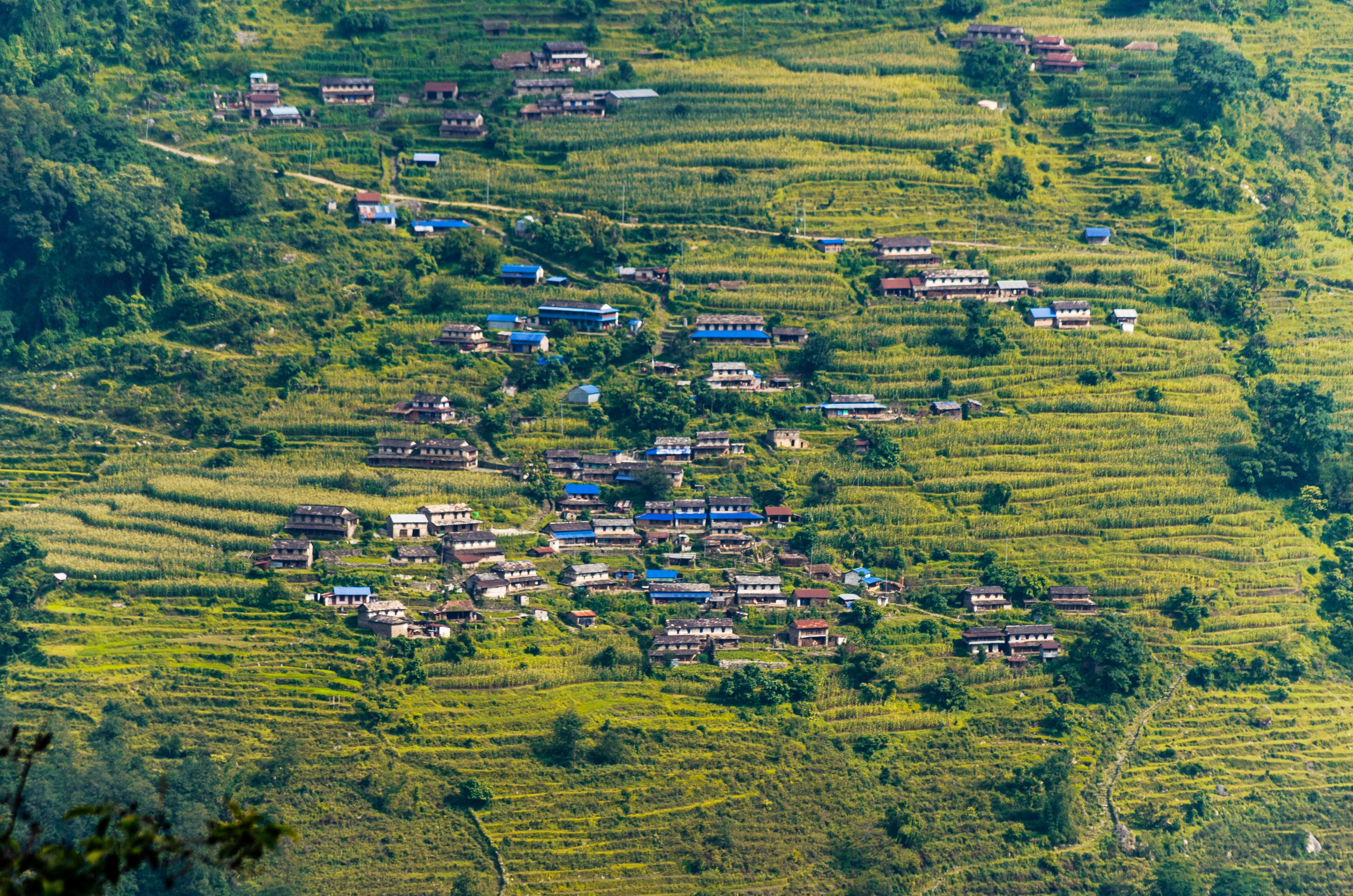 Scenic Aerial View of Terraced Hillside Village · Free Stock Photo