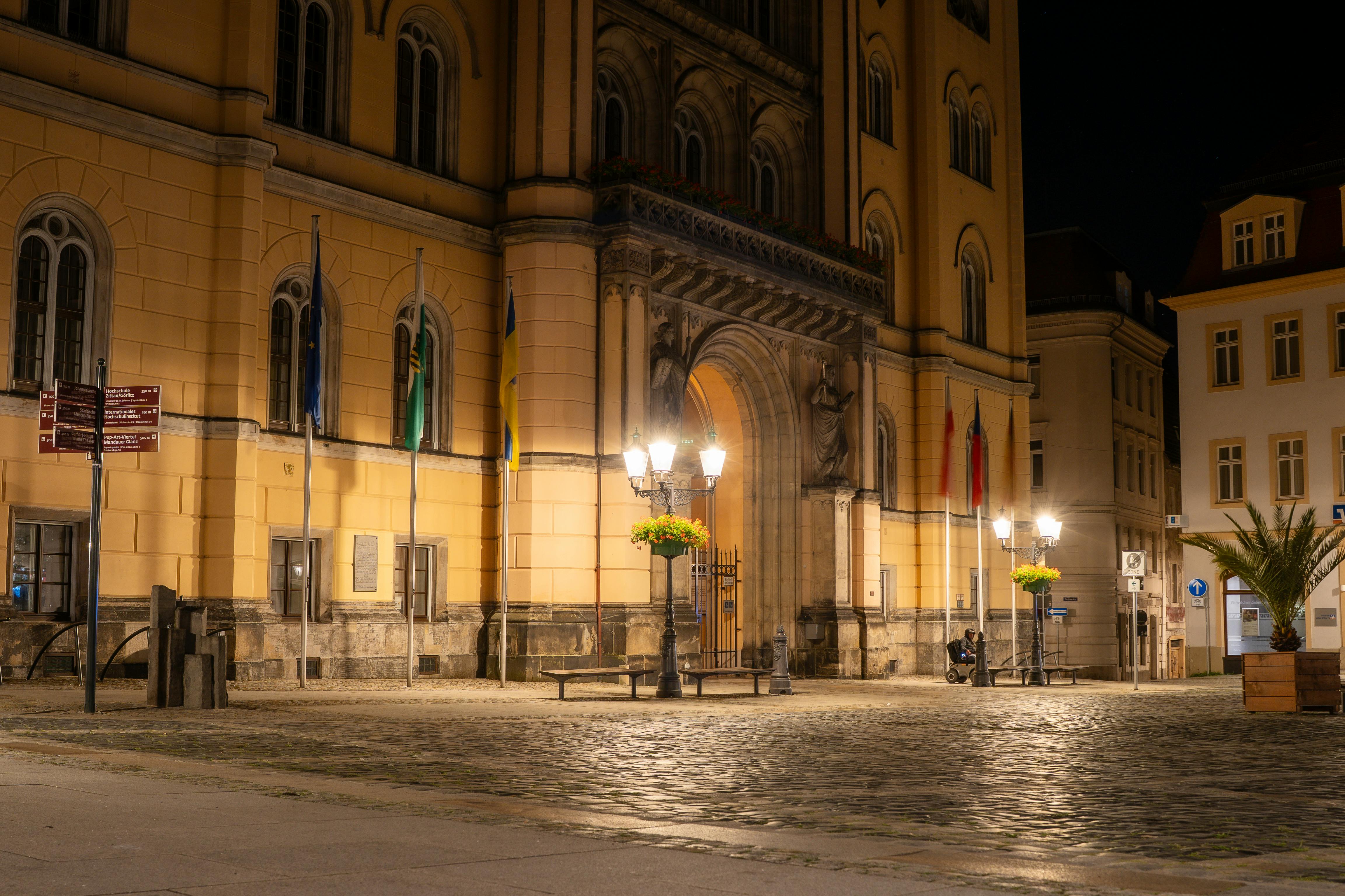 Elegant Zittau City Hall at Night with Lights · Free Stock Photo