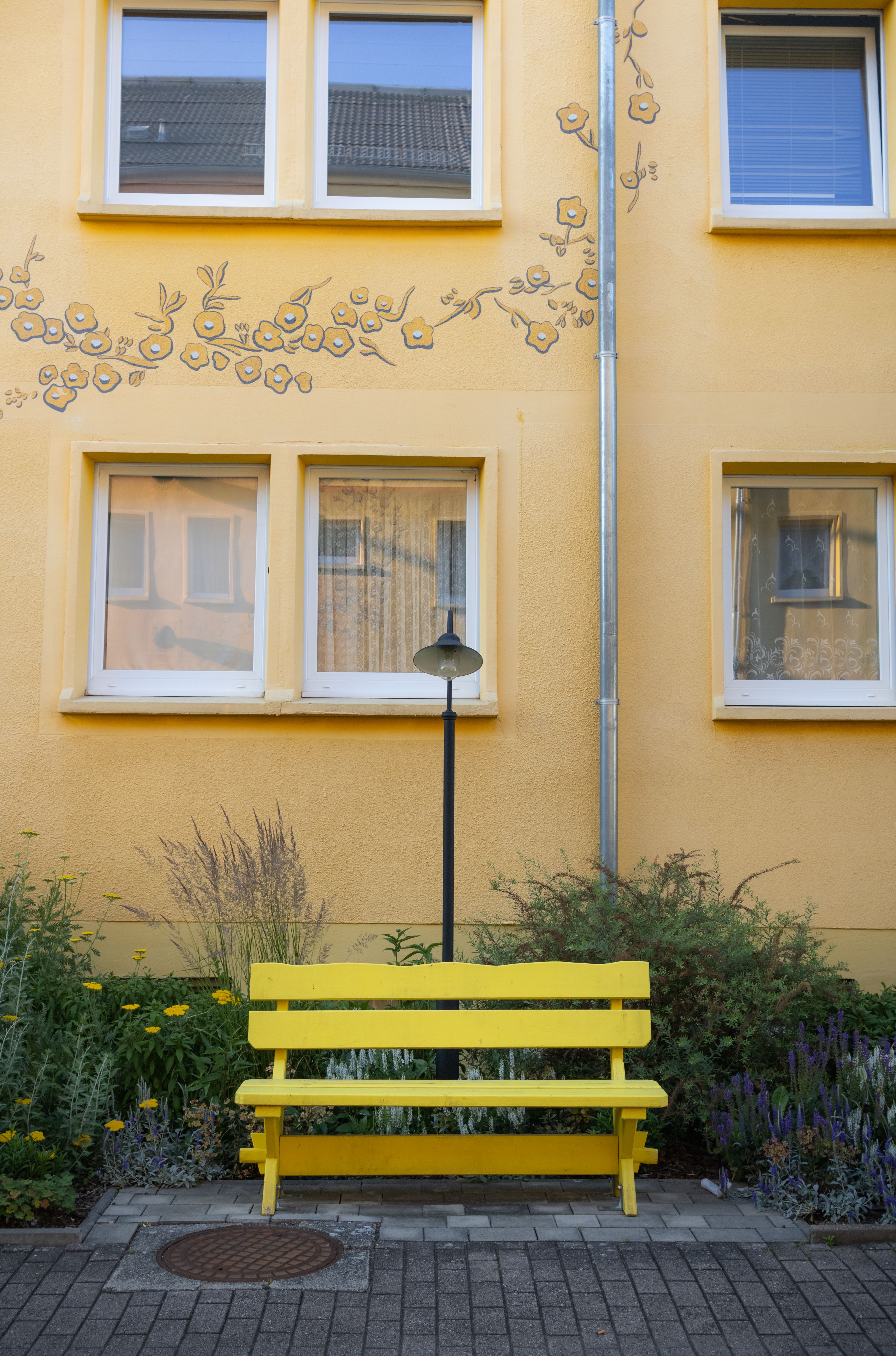 Bright Yellow Bench Against Artistic Yellow Wall · Free Stock Photo