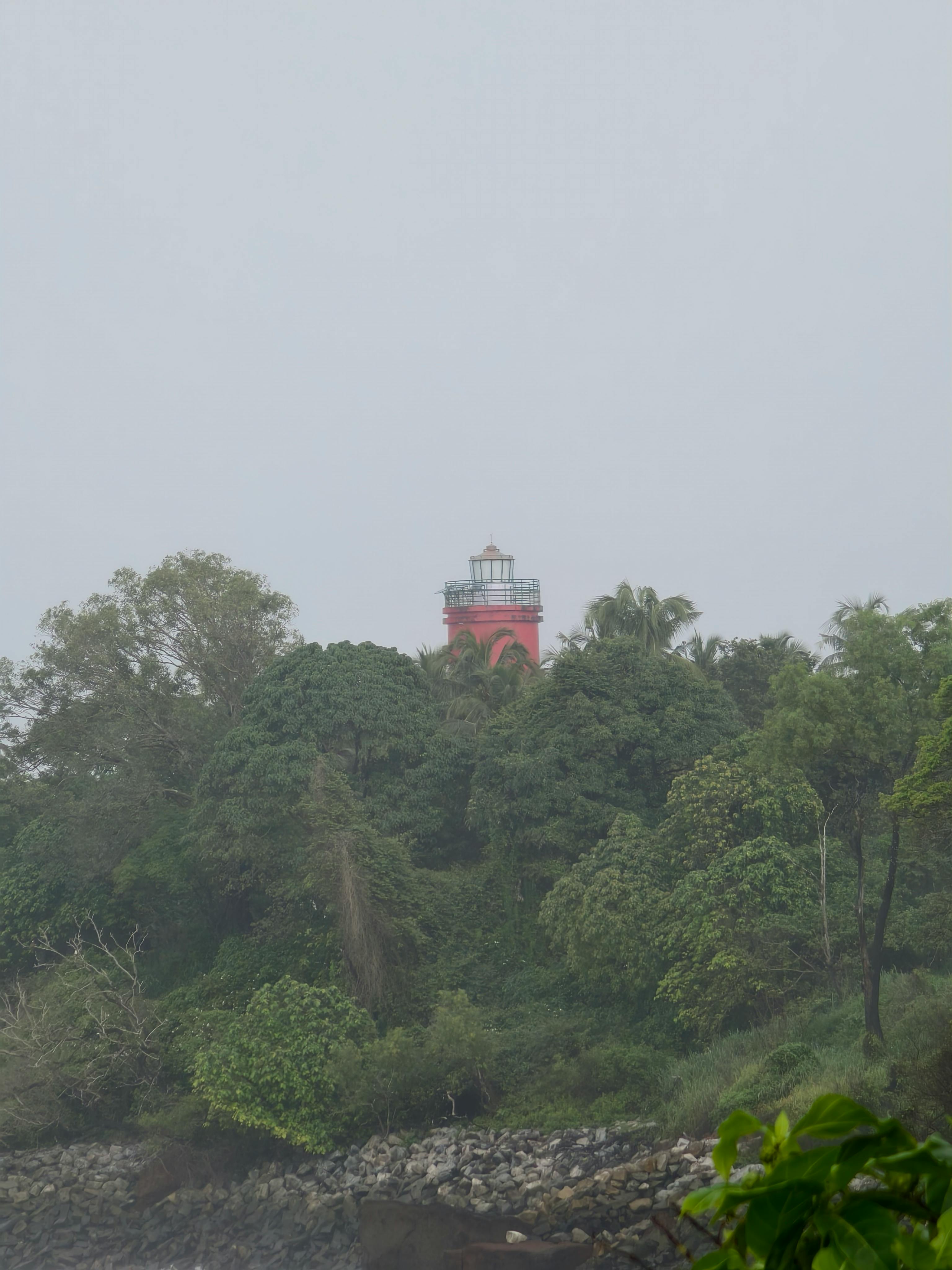 Red Lighthouse Amidst Greenery in Misty Landscape · Free Stock Photo