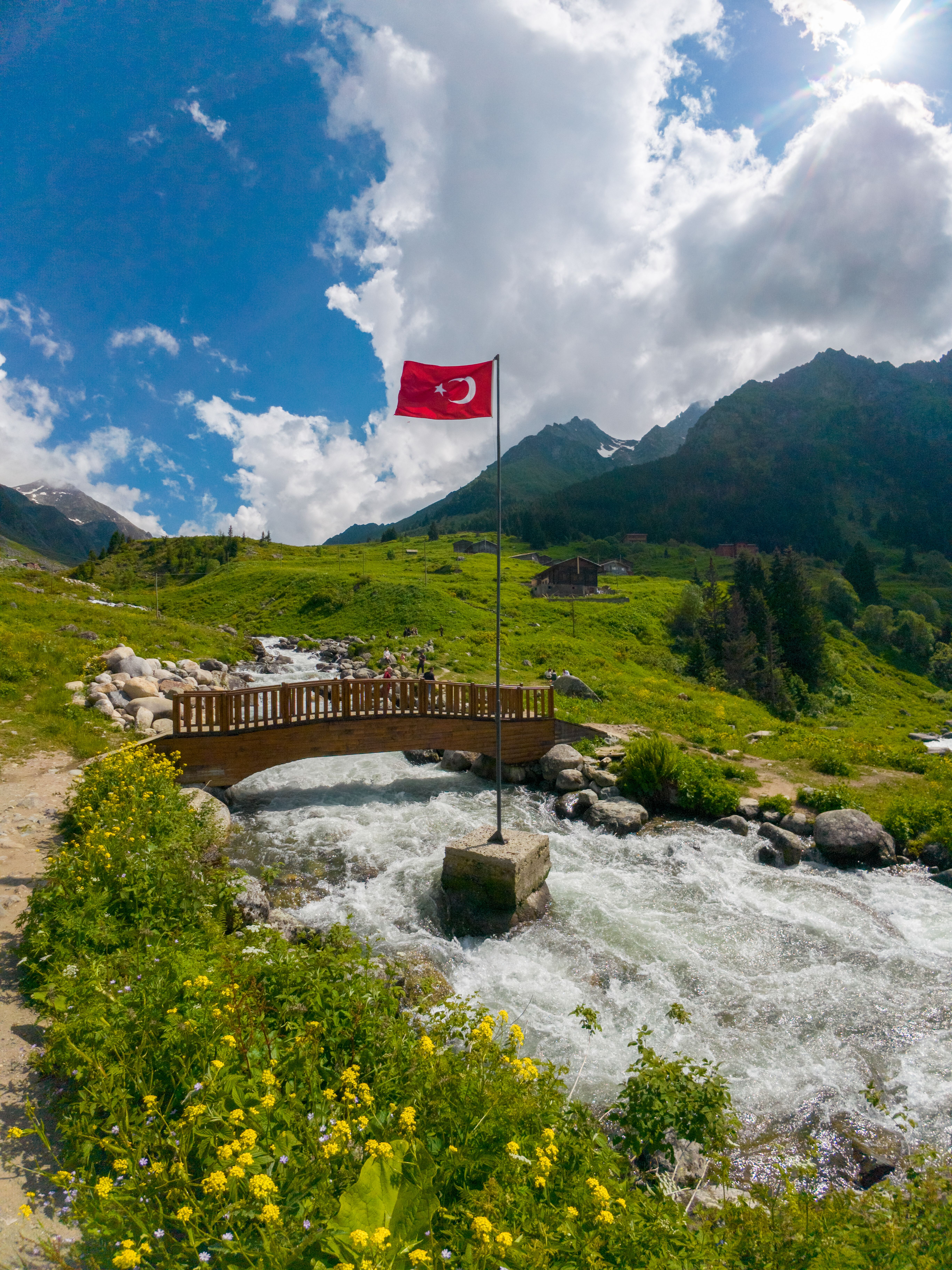 Scenic Mountain Landscape with Turkish Flag · Free Stock Photo