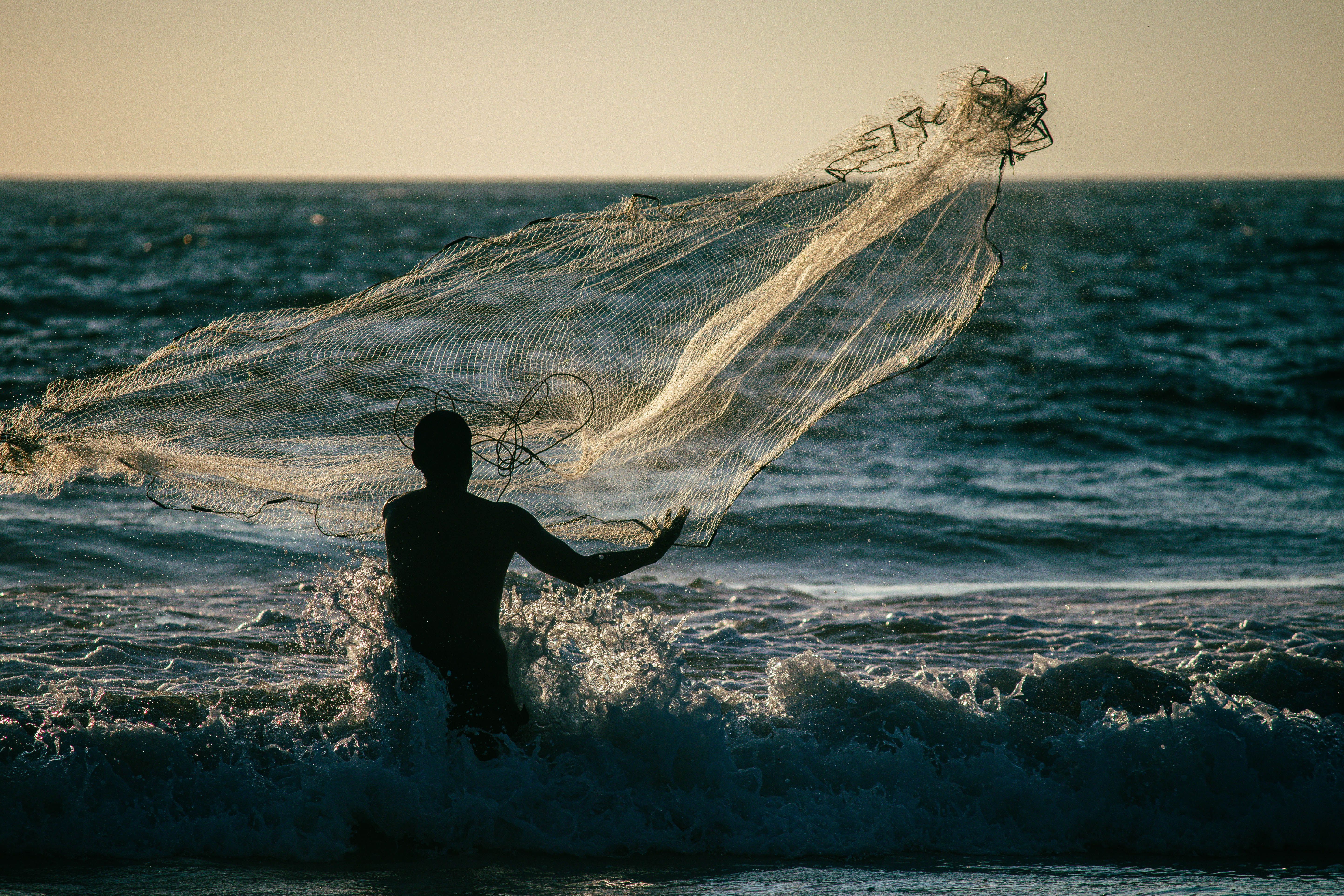 Silhouette of Fisherman Casting Net at Sunset · Free Stock Photo