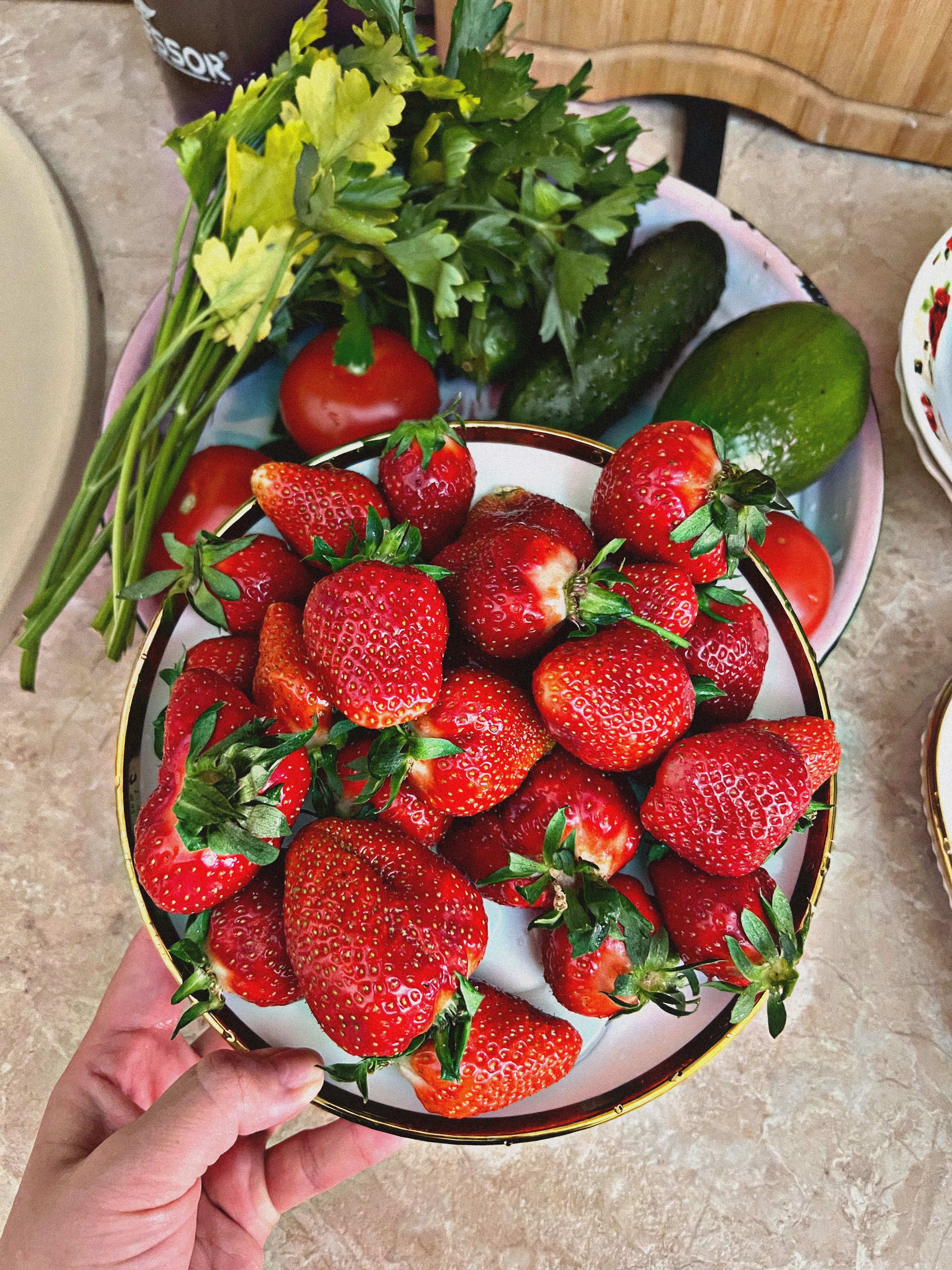 Fresh Strawberries with Vegetables on Kitchen Counter · Free Stock Photo