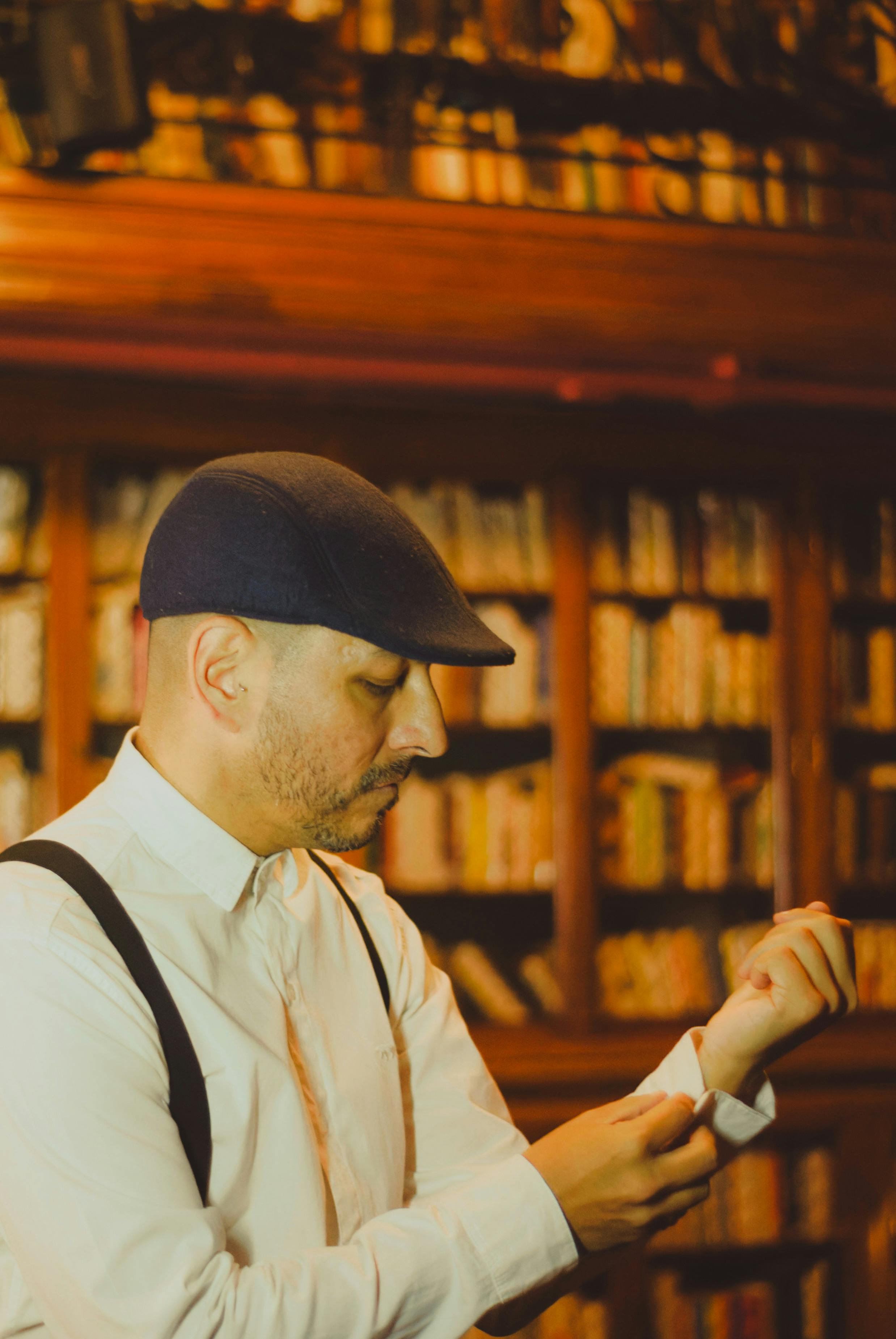 Stylish Man Adjusting Cuff in Buenos Aires Library · Free Stock Photo