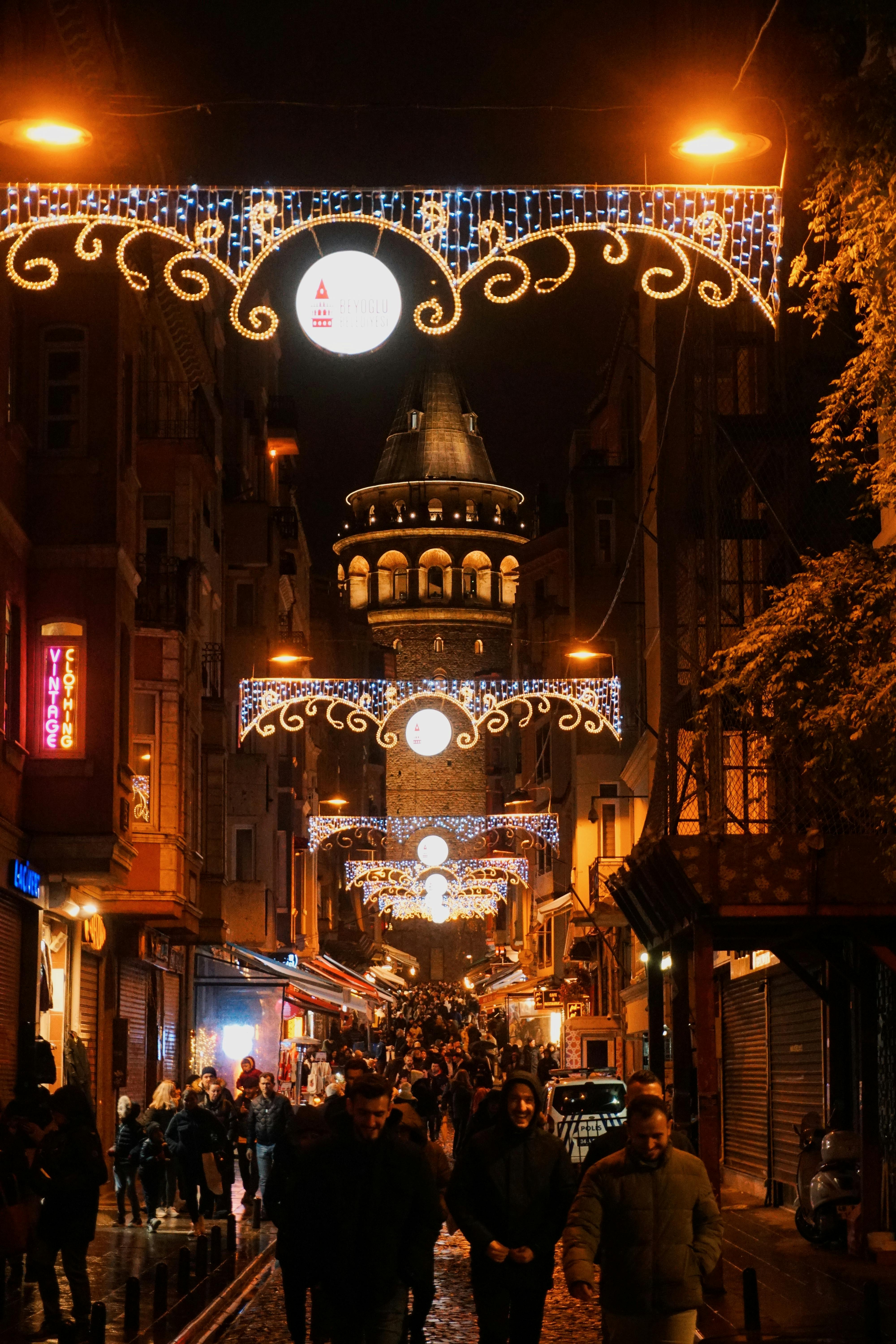 Galata Tower Night Scene with Festive Lights · Free Stock Photo