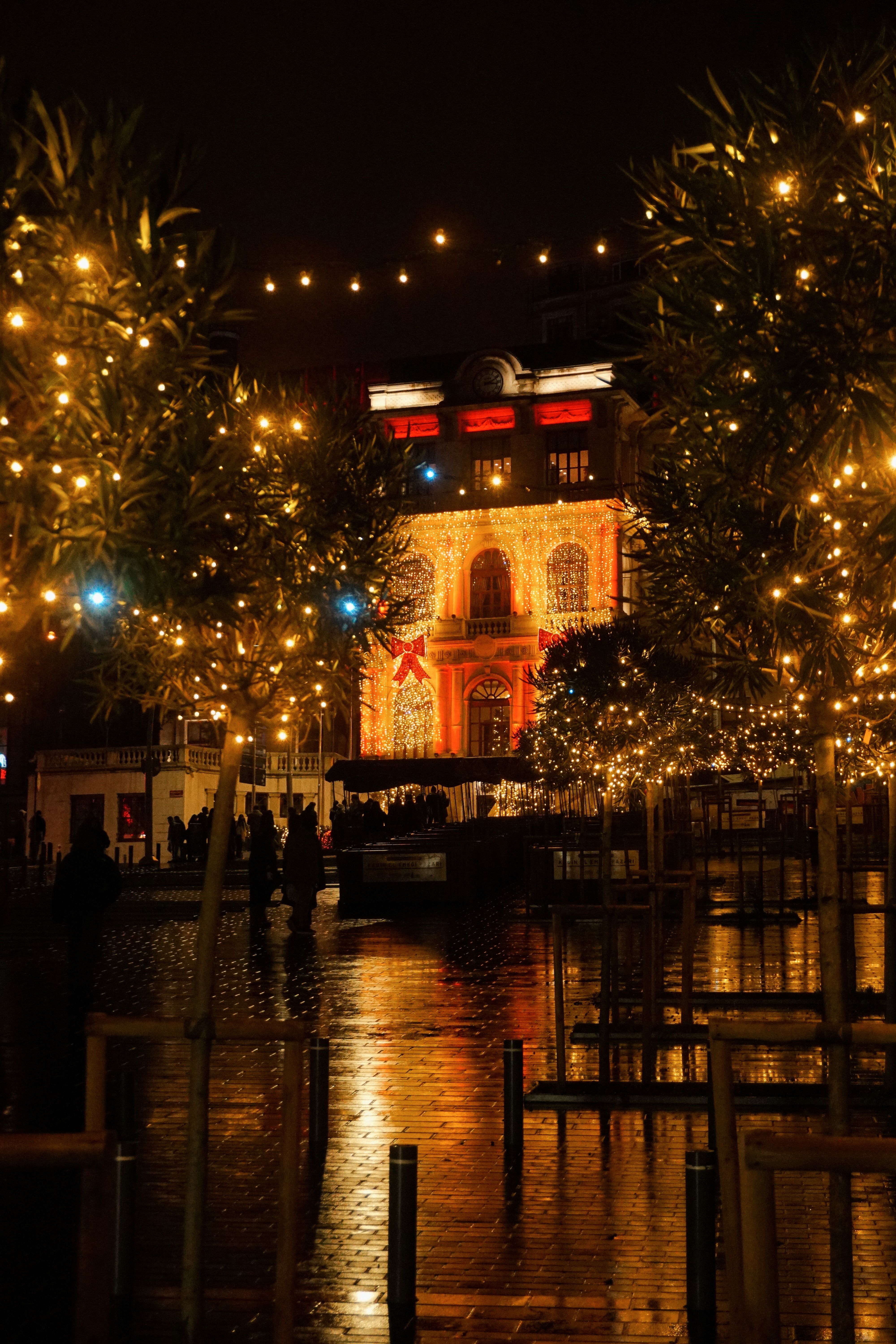 Festive Night Scene with Illuminated Building · Free Stock Photo