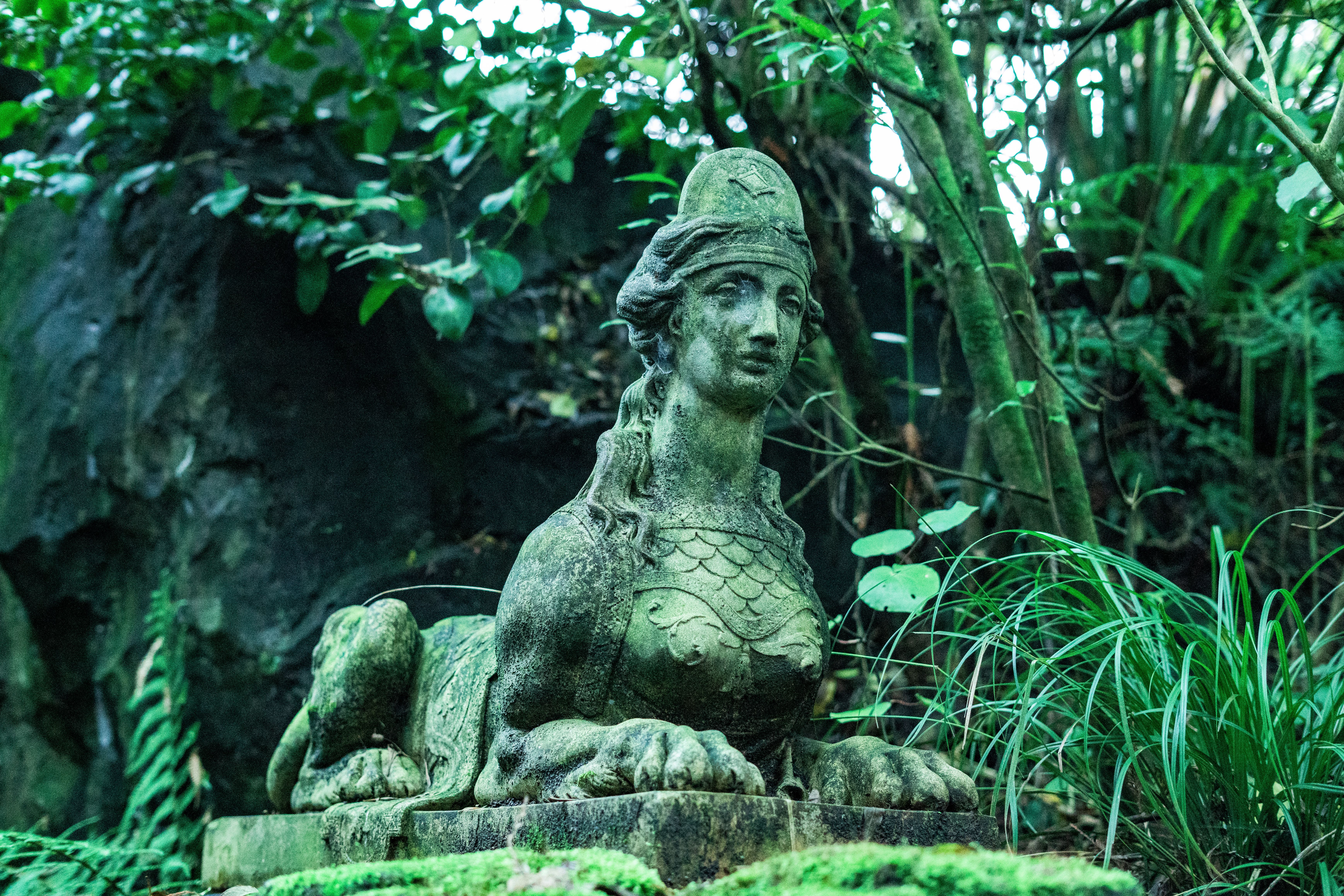 Ancient Sphinx Statue in Lush New Zealand Garden · Free Stock Photo