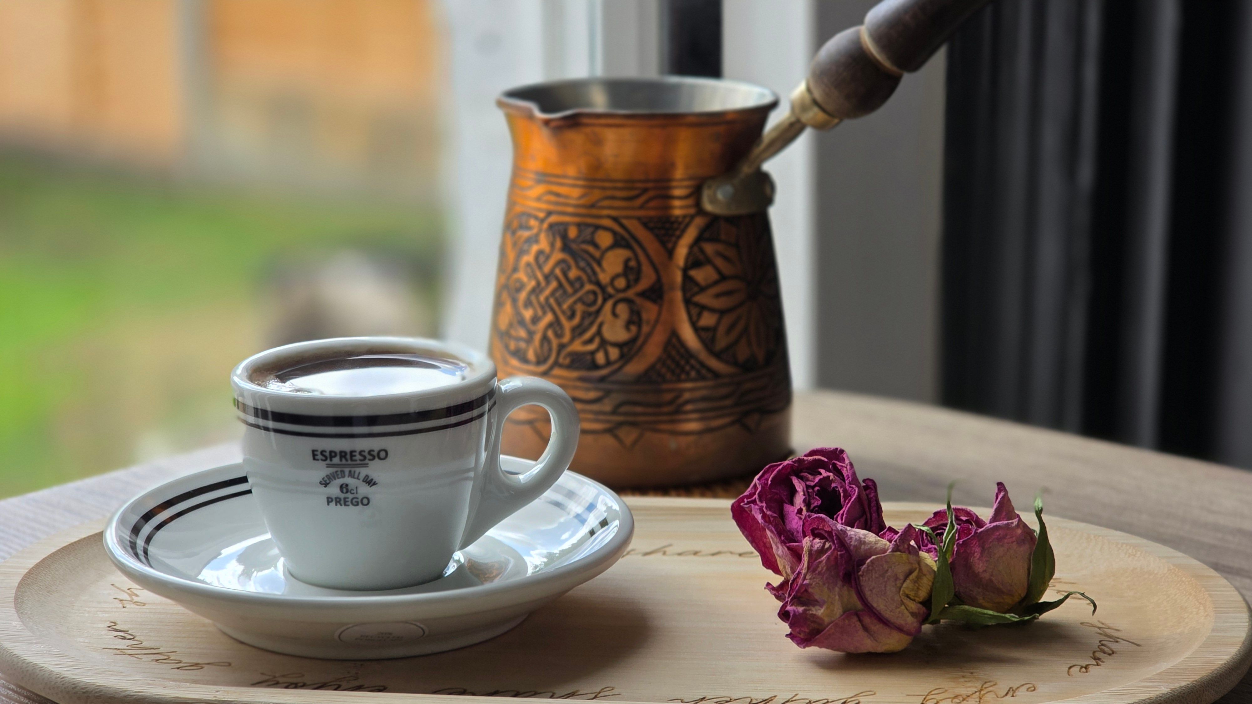 Elegant Coffee Setup with Copper Pot and Roses · Free Stock Photo